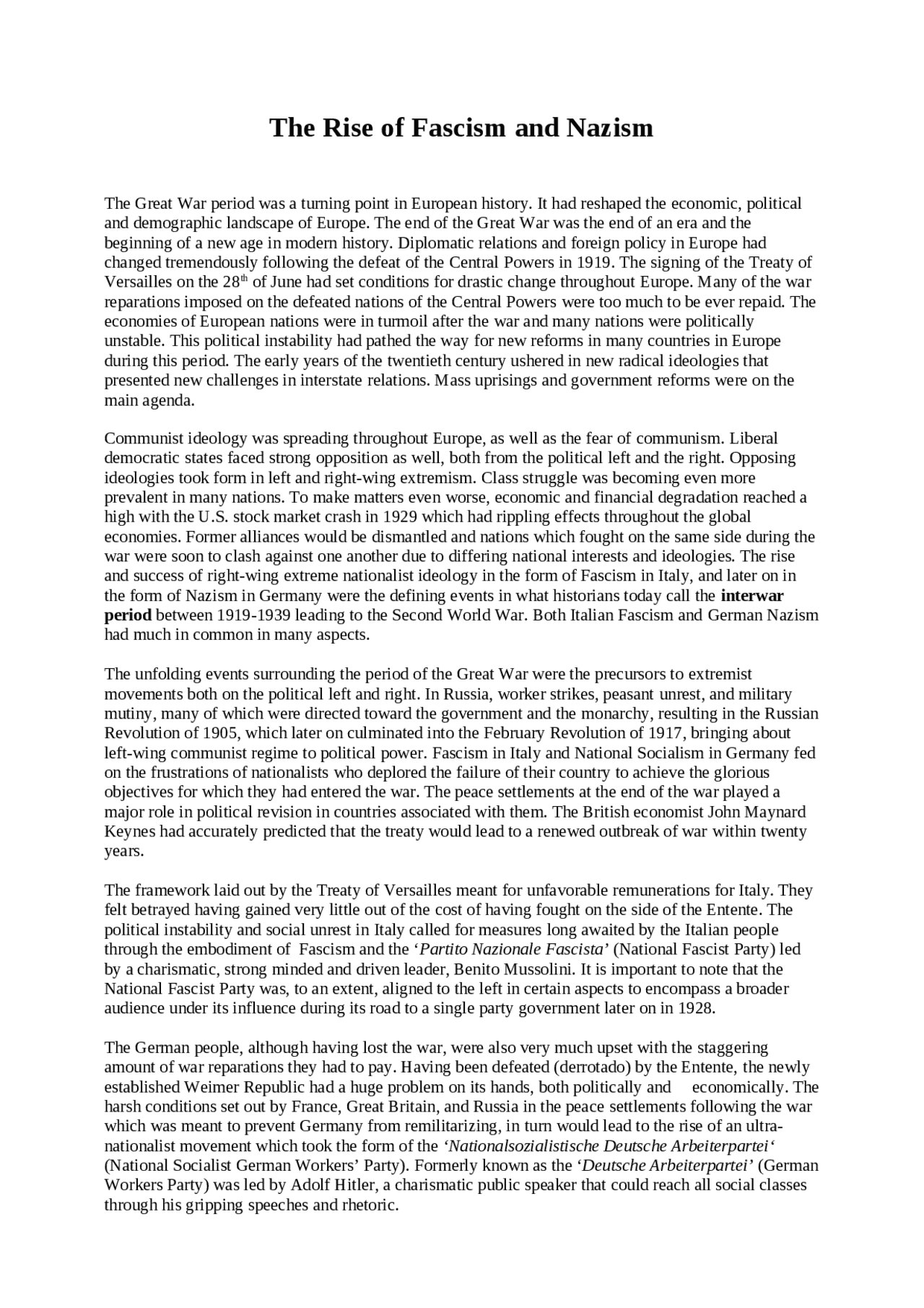 The rise of Fascism and Nazism (class notes) - Docsity