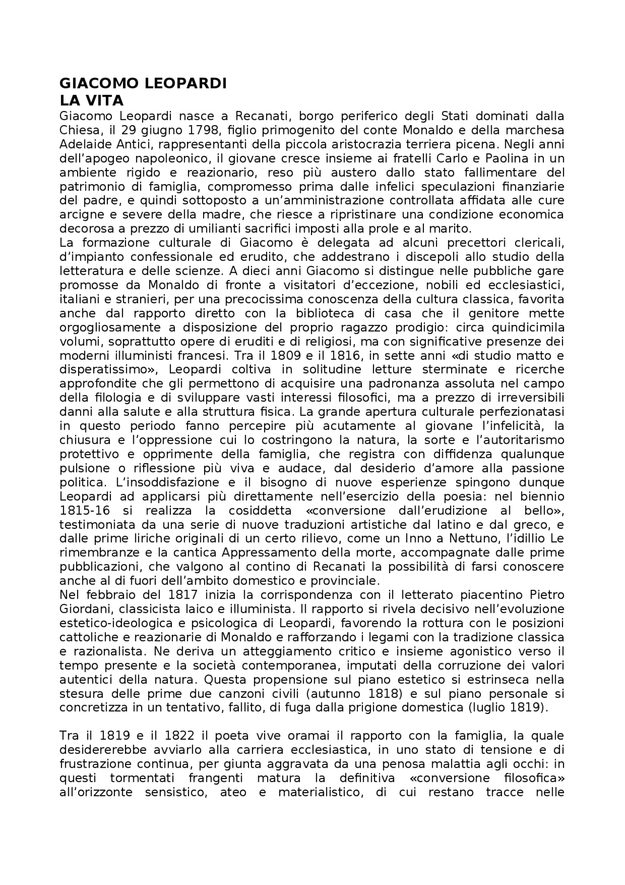 Filo Rosso Riassunto Leopardi Docsity