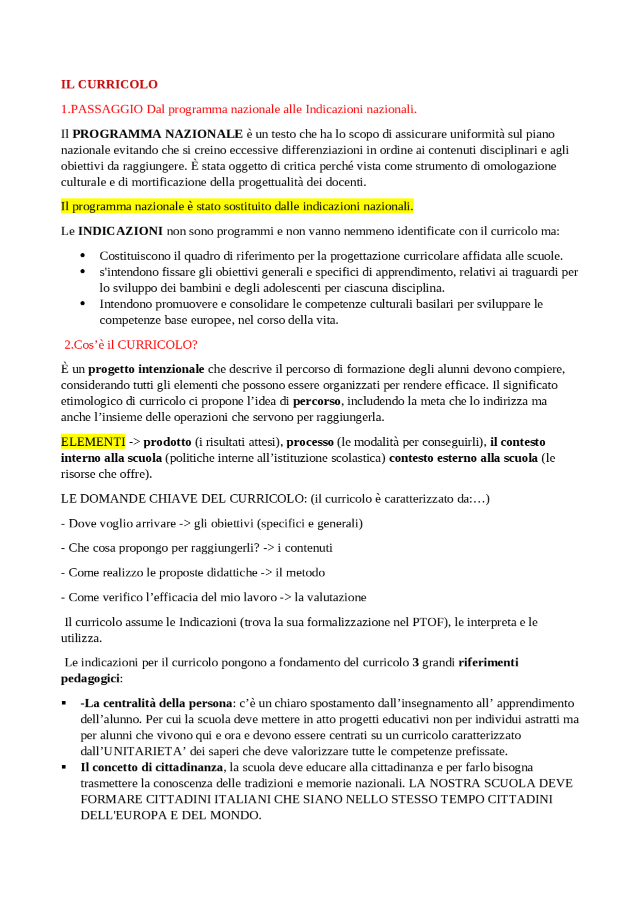 Il curricolo in didattica generale - Docsity
