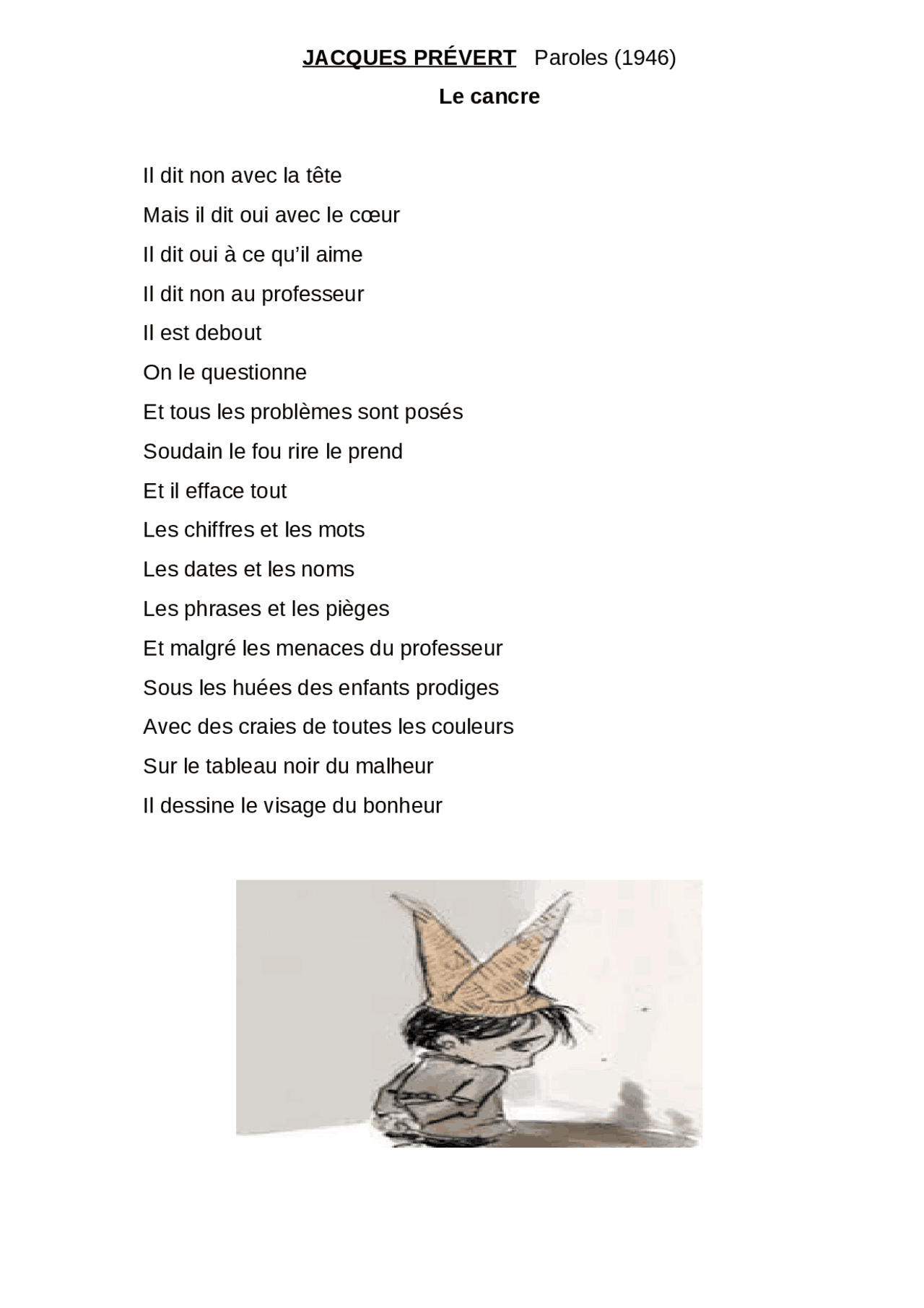 Jacques Prévert, « Le cancre » - Docsity
