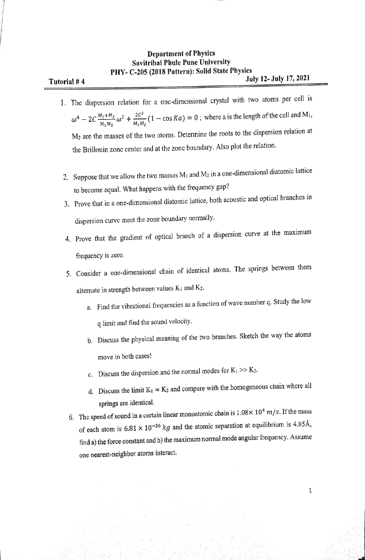 Solid State Physics Crystallography Assignment Tutorial Sppu Docsity