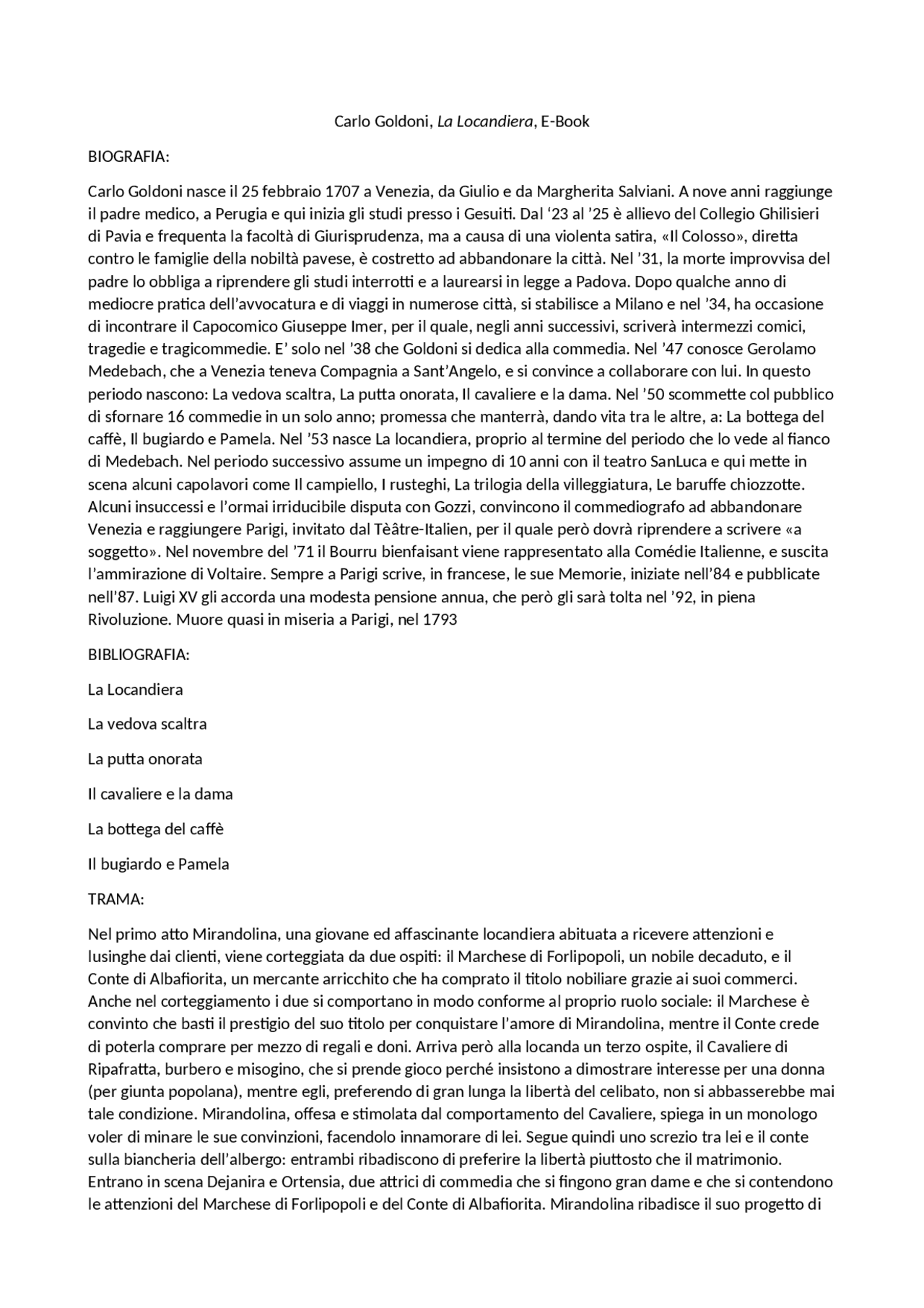 Scheda Riassuntiva La Locandiera Docsity