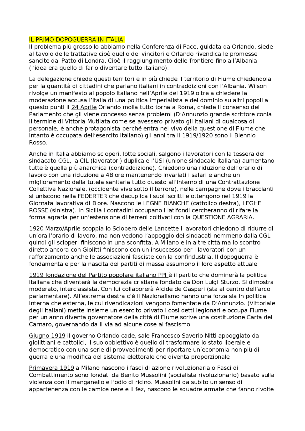 Il Primo Dopoguerra Docsity