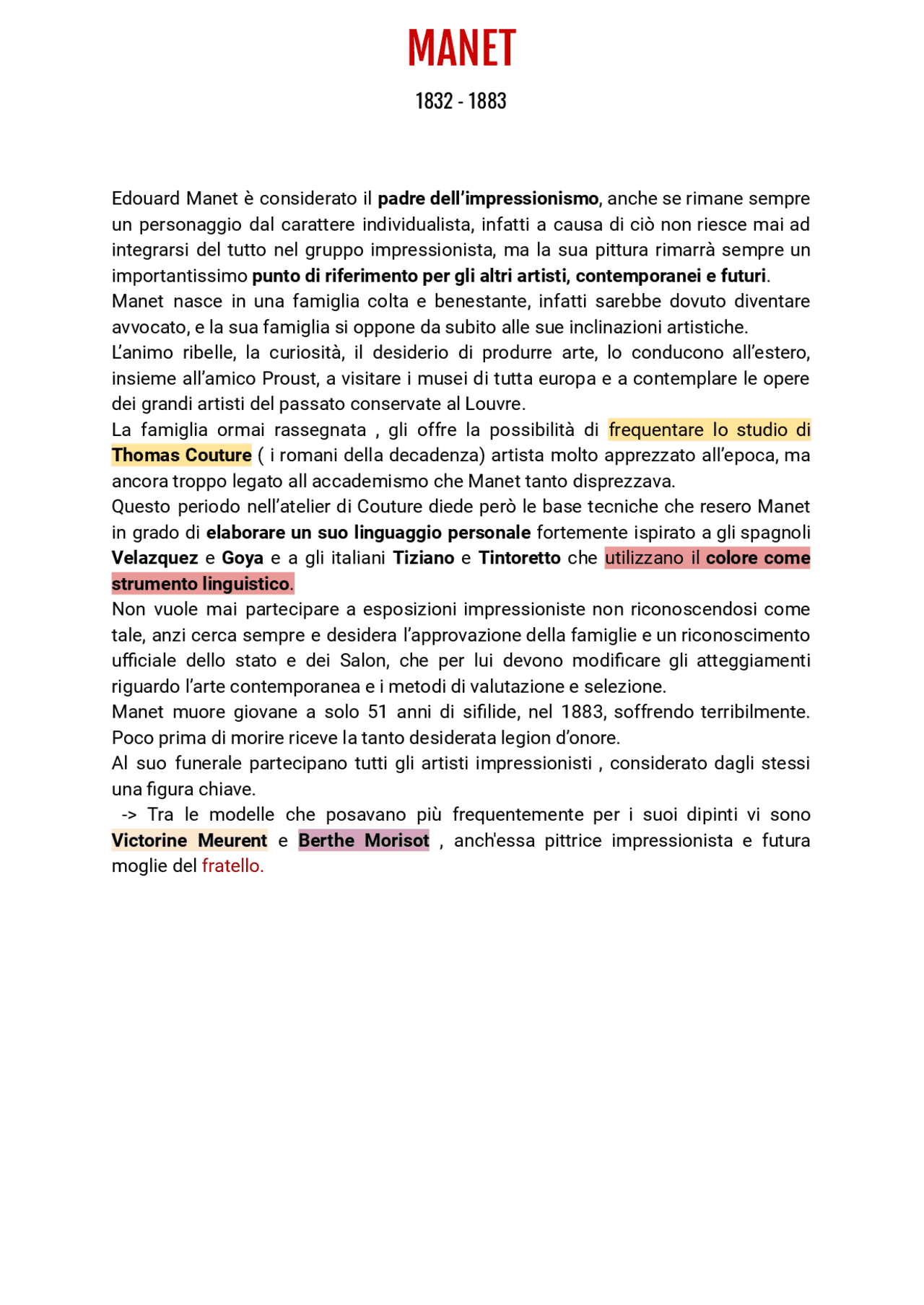 Manet Vita Opere E Poetica E Stile Docsity