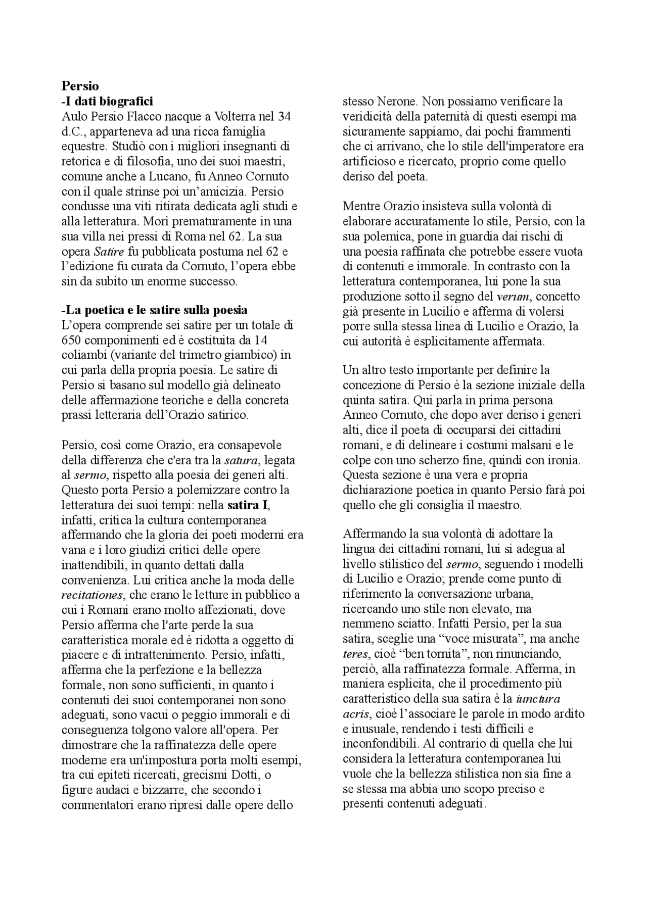 PERSIO-dati biografici, poetica, satire con testi - Docsity
