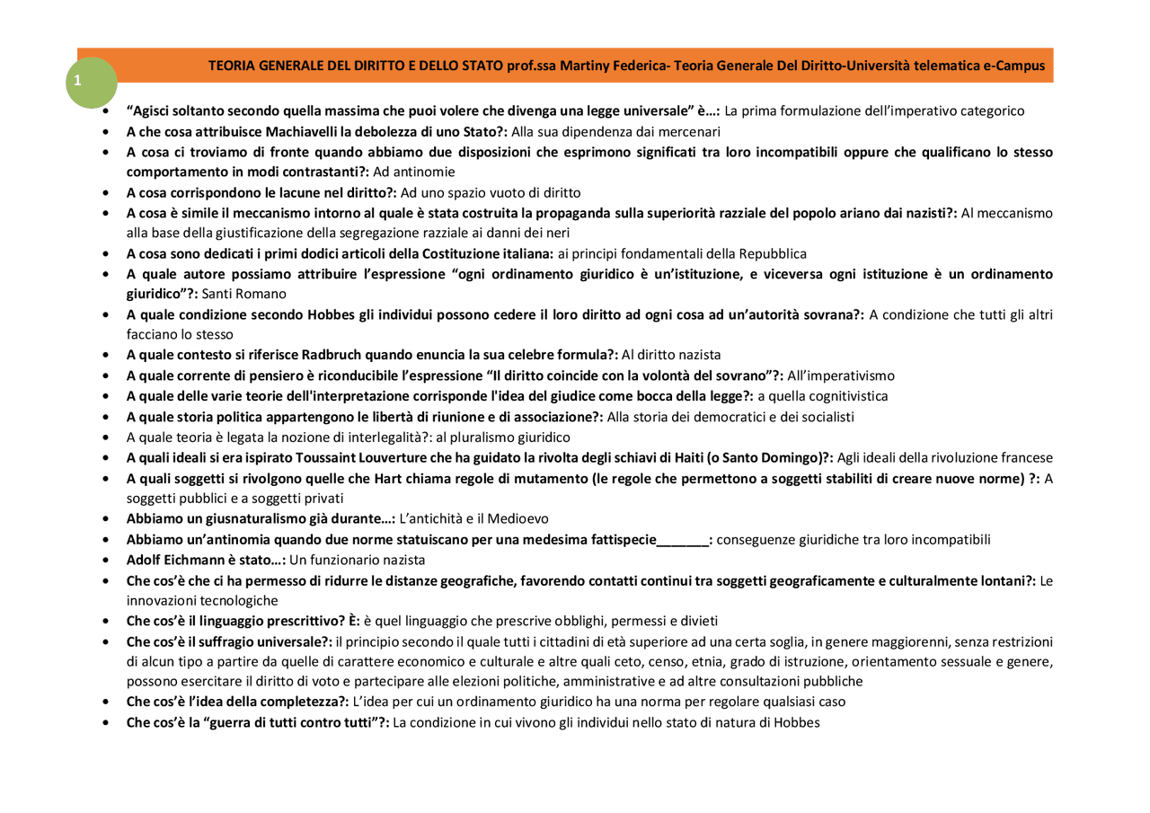 Teoria Generale Del Diritto E Dello Stato Paniere Quiz Prof Martiny