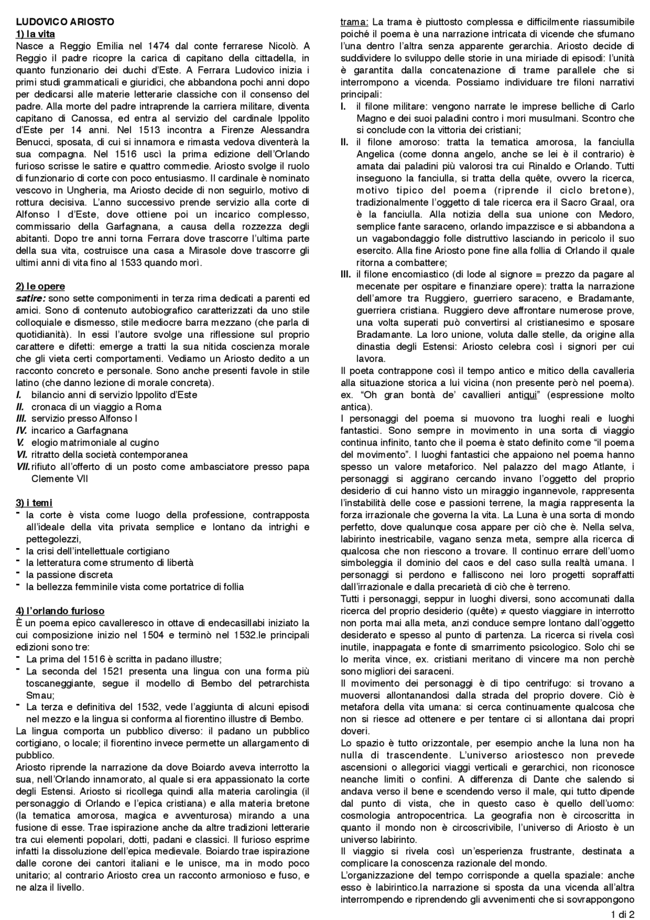 Riassuntoappunti Ludovico Ariosto Docsity
