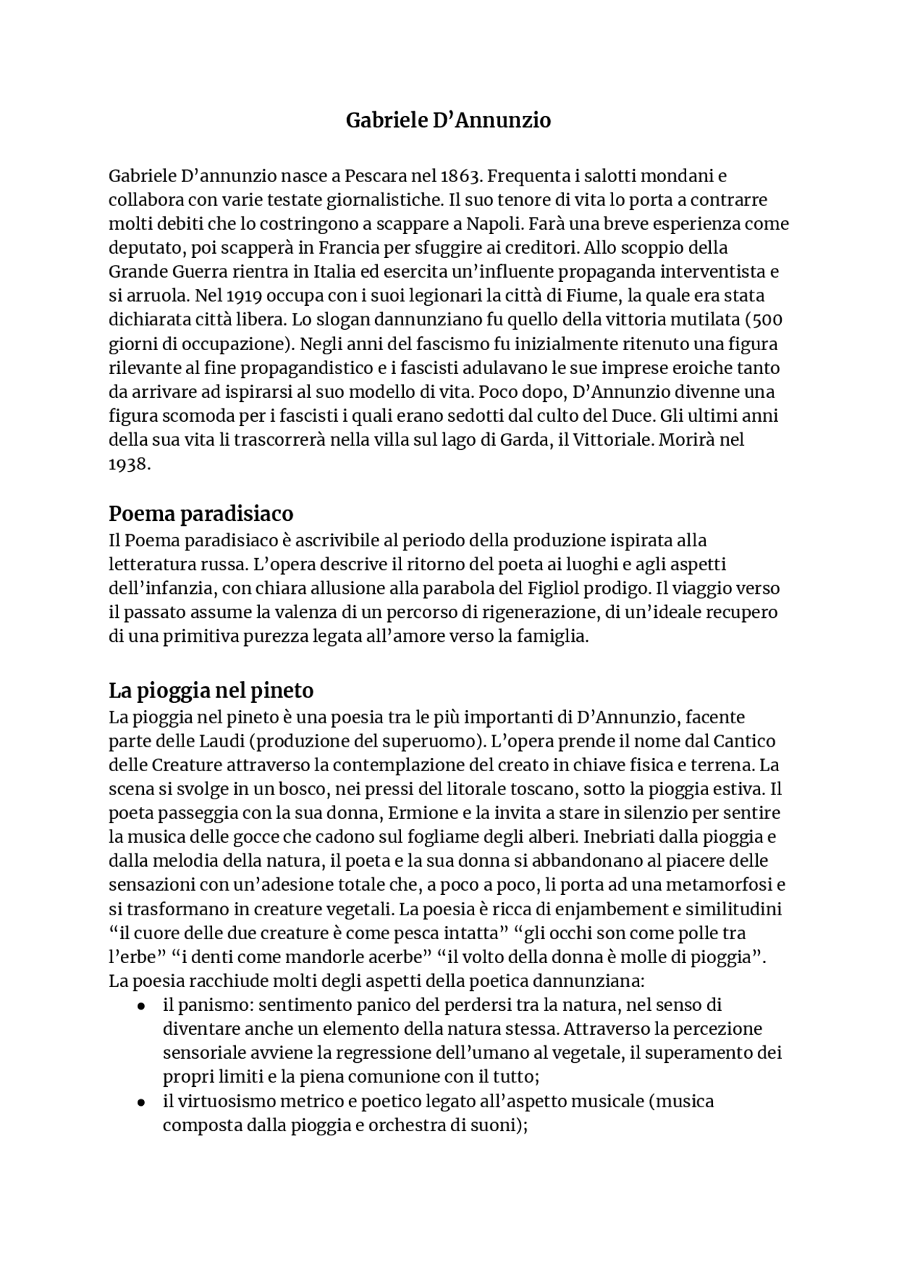Vita E Opere Di Gabriele Dannunzio Docsity