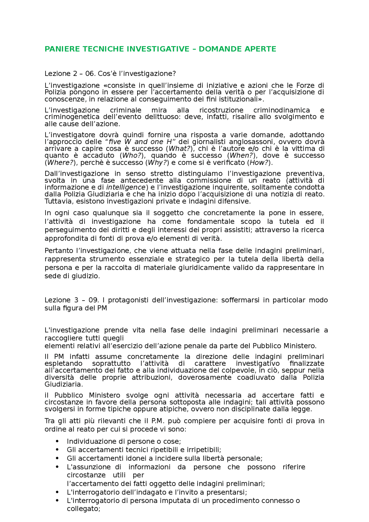 Tecniche Investigative Risposte Aperte Corretto Docsity
