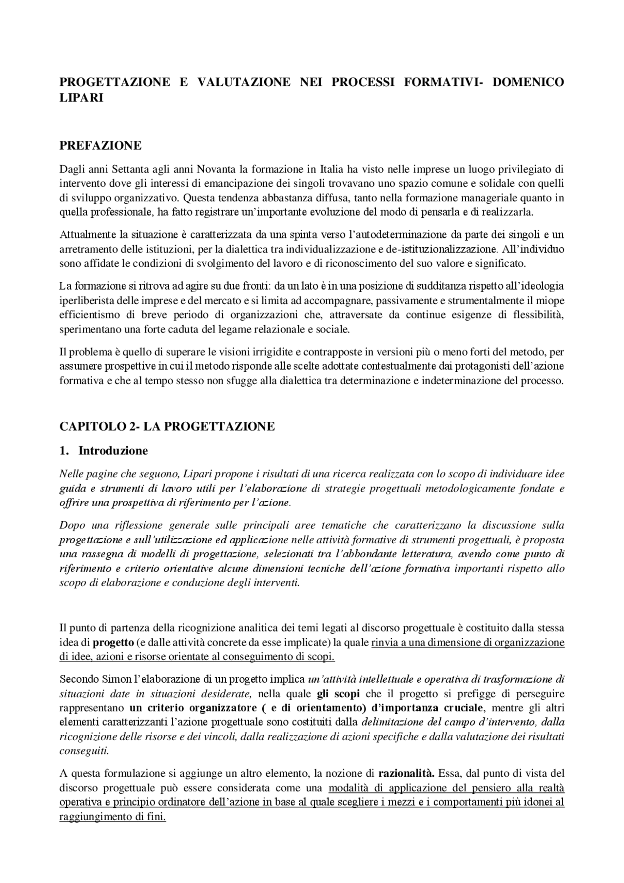 Riassunto Del Testo Progettazione E Valutazione Nei Processi Formativi