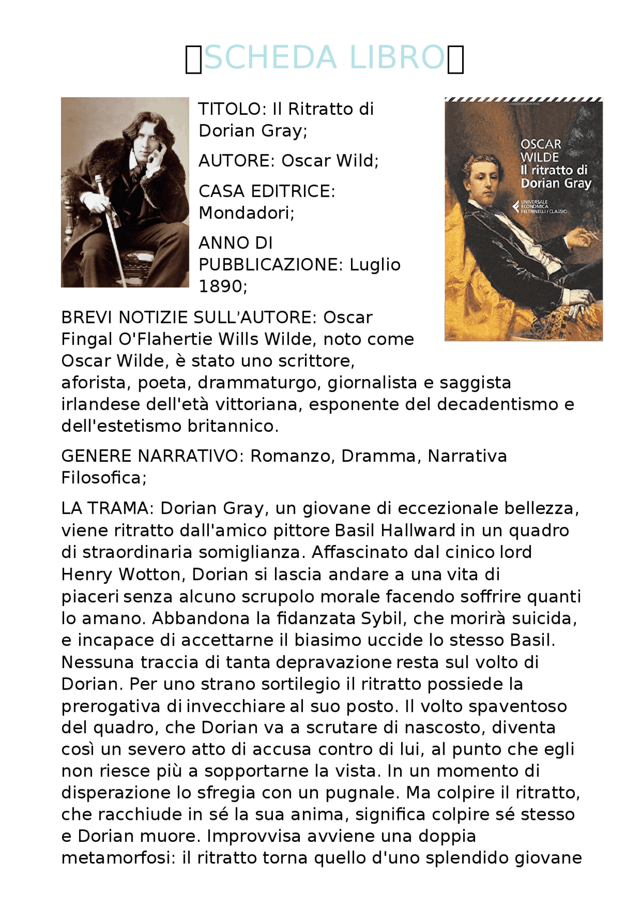 Scheda Libro Il Ritratto Di Dorian Gray Docsity