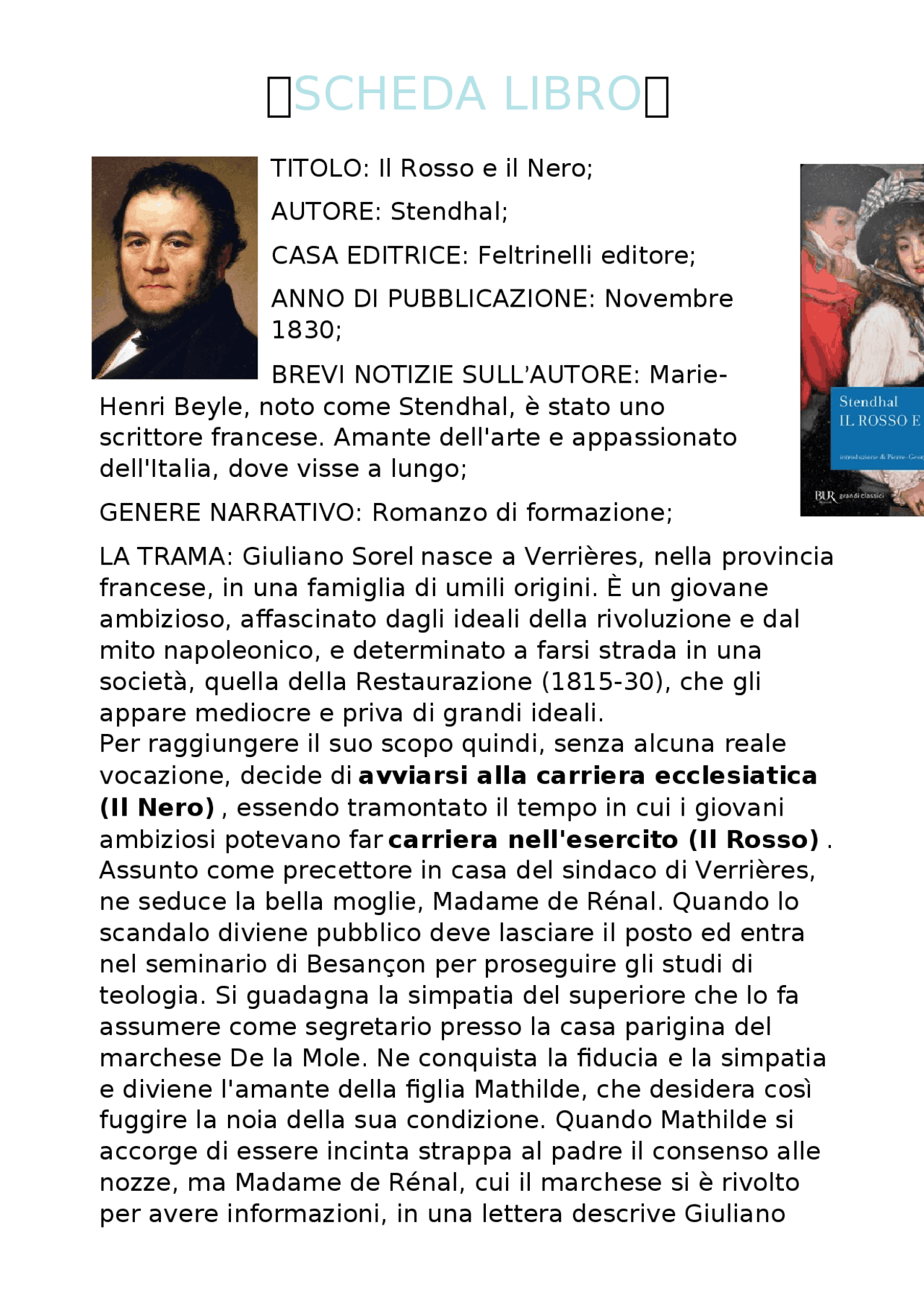 Scheda Libro Il Rosso E Il Nero Docsity