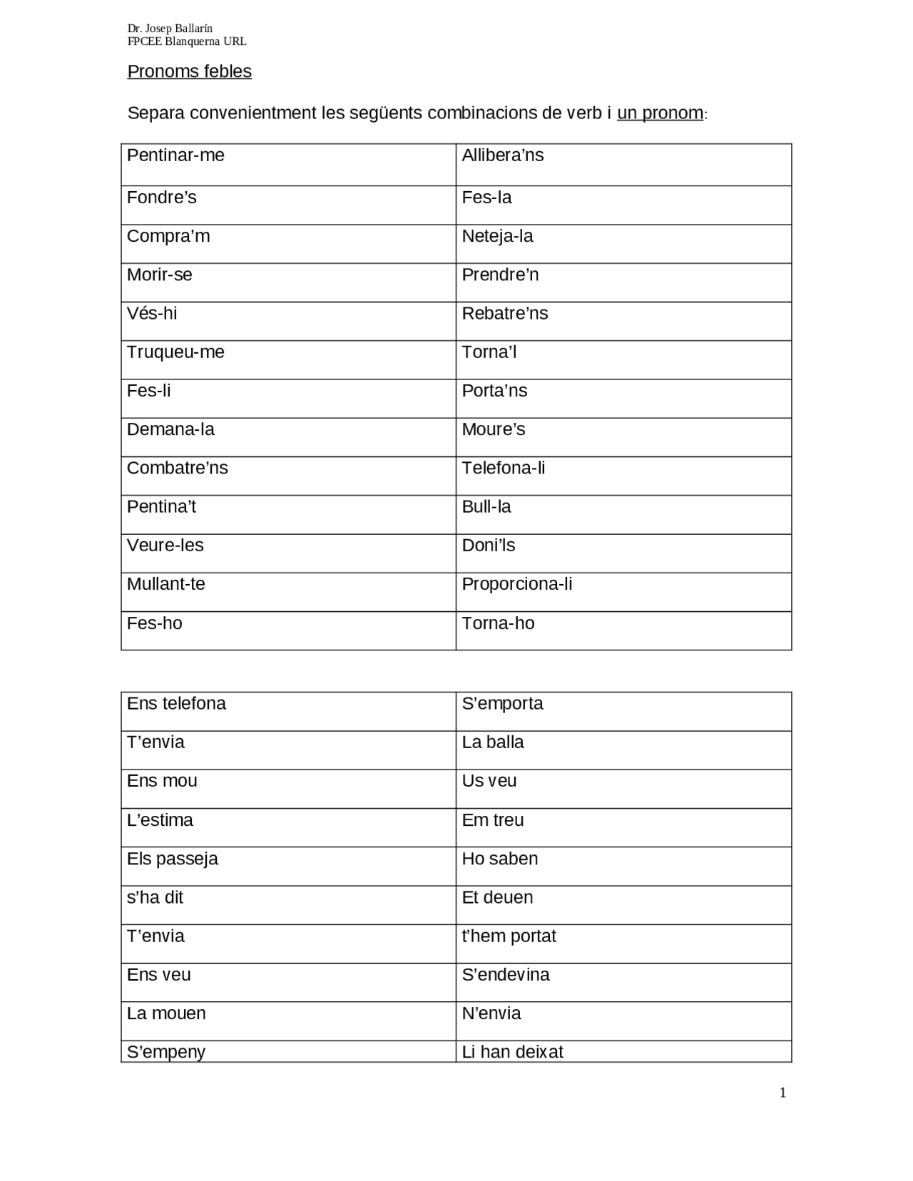 Ejercicio Pronoms Febles Ejercicios De Idioma Catalán Docsity