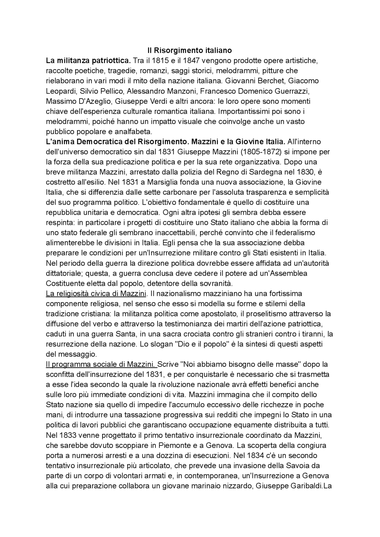Il Risorgimento Italiano Riassunto Docsity
