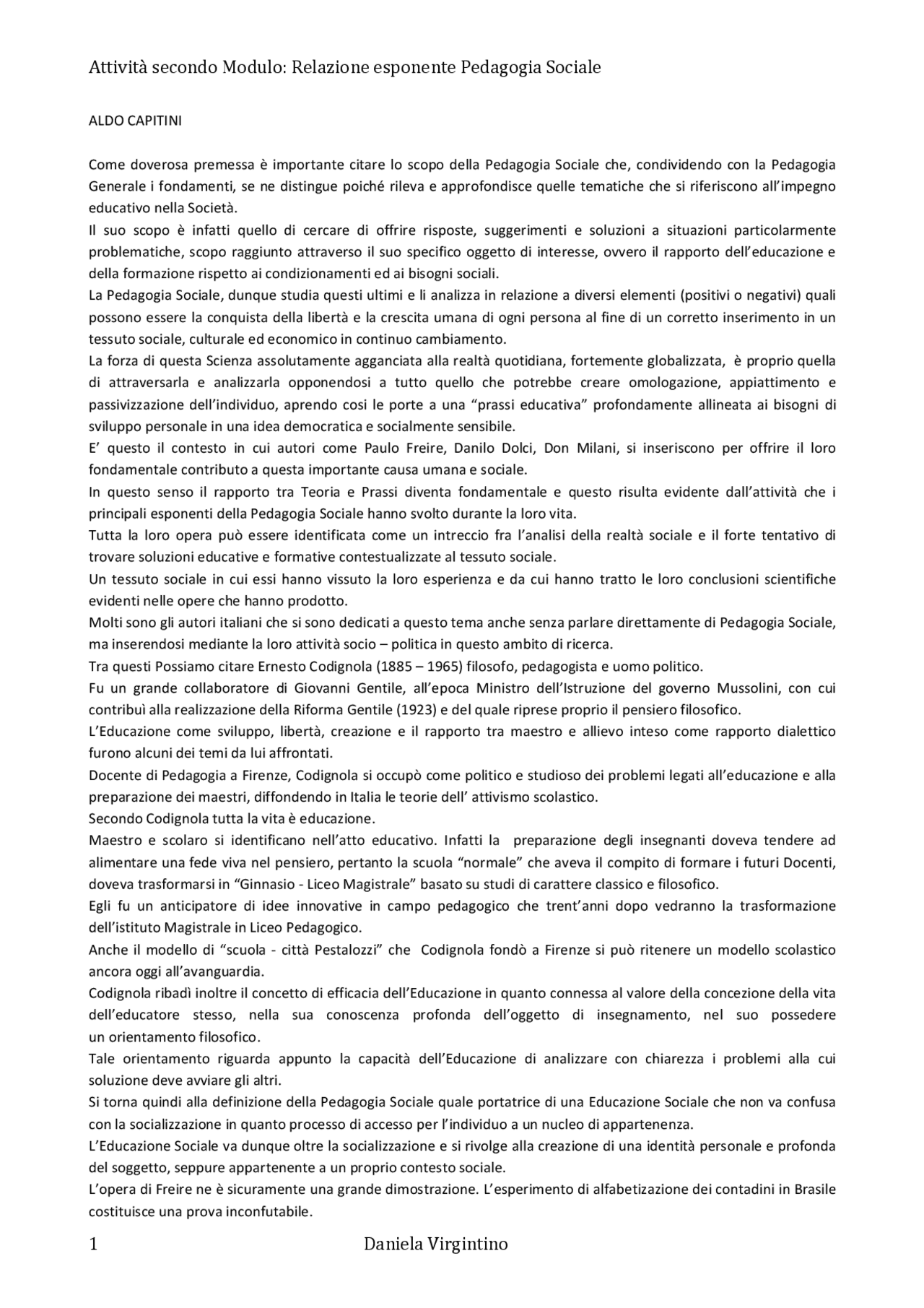 Relazione Su Aldo Capitini Esponente Della Pedagogia Sociale Docsity