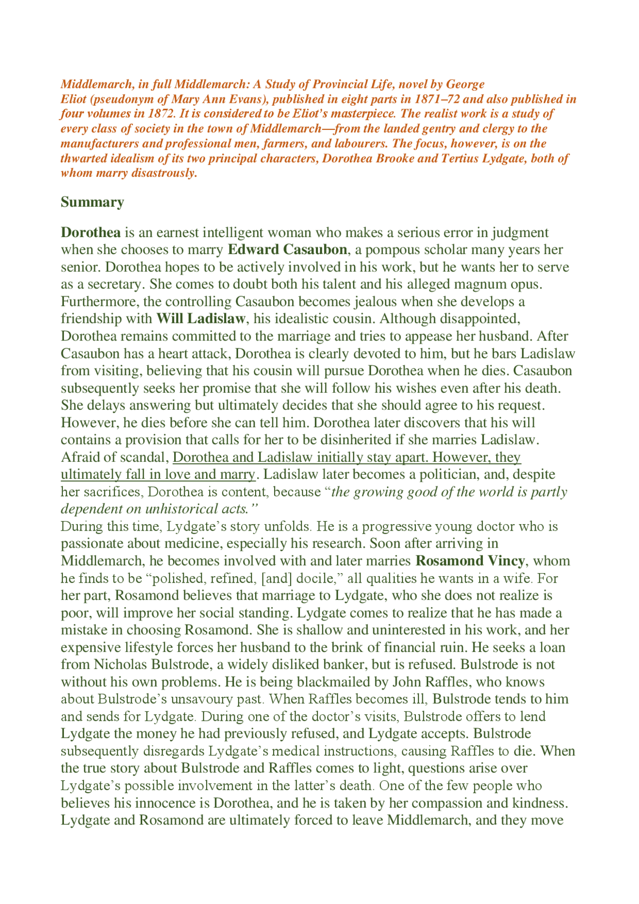 Middlemarch By George Eliot Riassunto Docsity