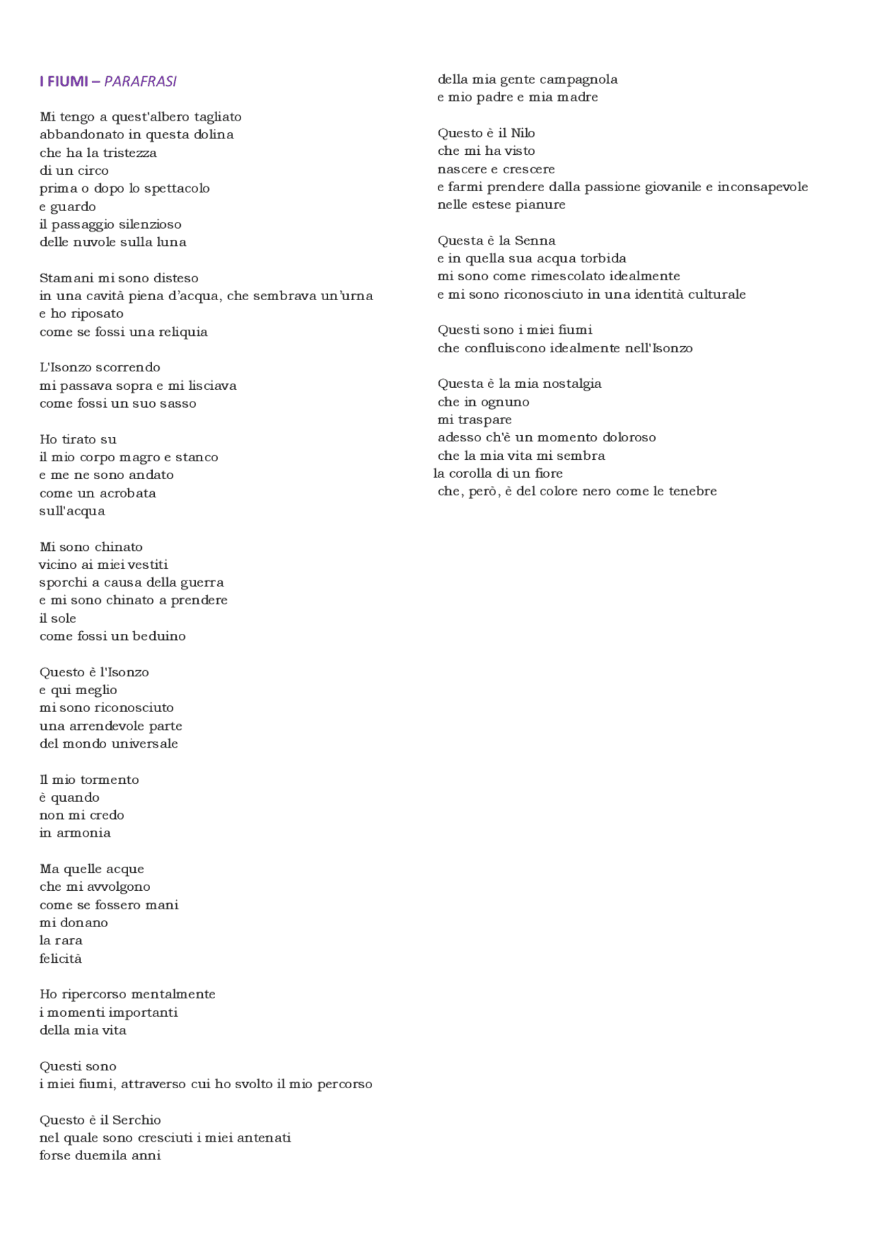 Parafrasi Della Poesia I Fiumi Docsity