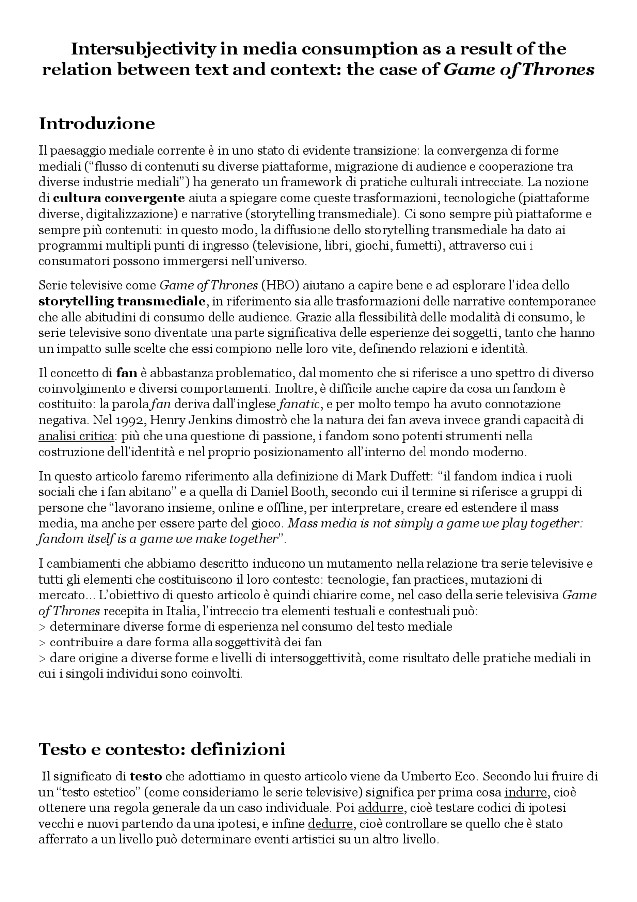 Riassunto Intersubjectivity In Media Consumption Docsity