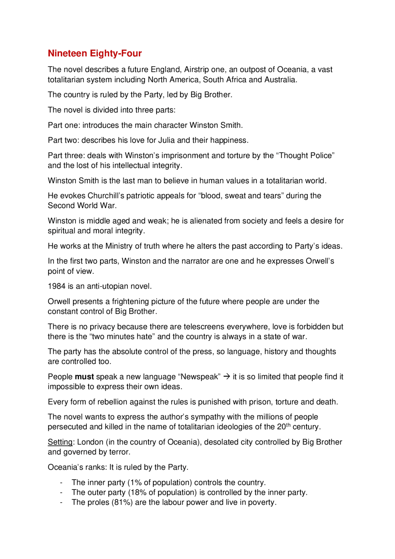 Analysis and Plot of 1984 by George Orwell - Docsity