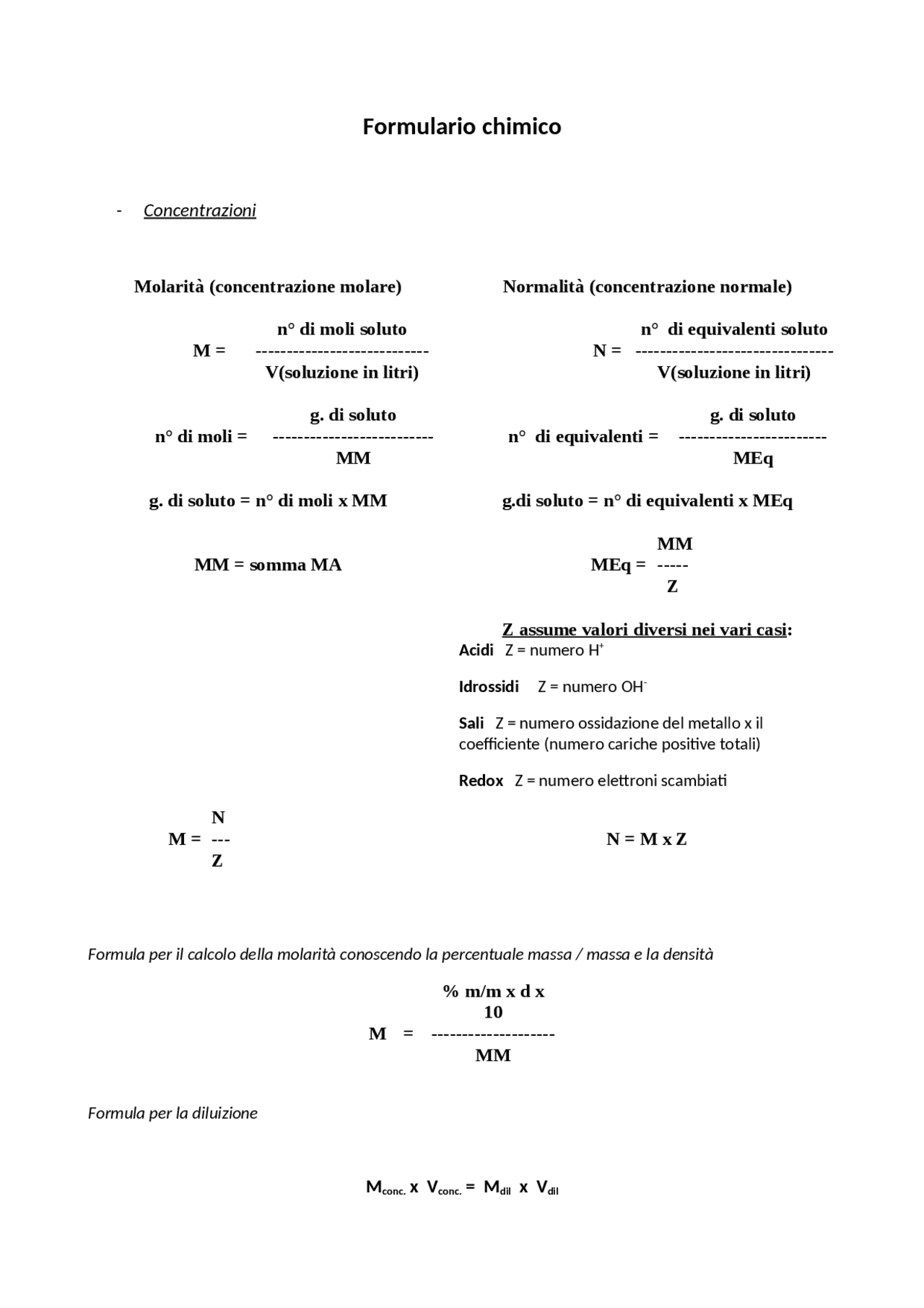 Formule Basi Di Chimica Docsity
