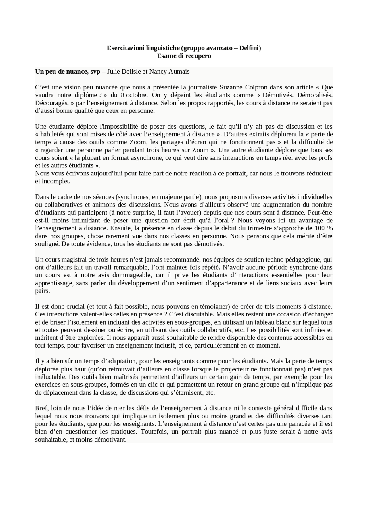 Prova Desame Lingua Francese Docsity