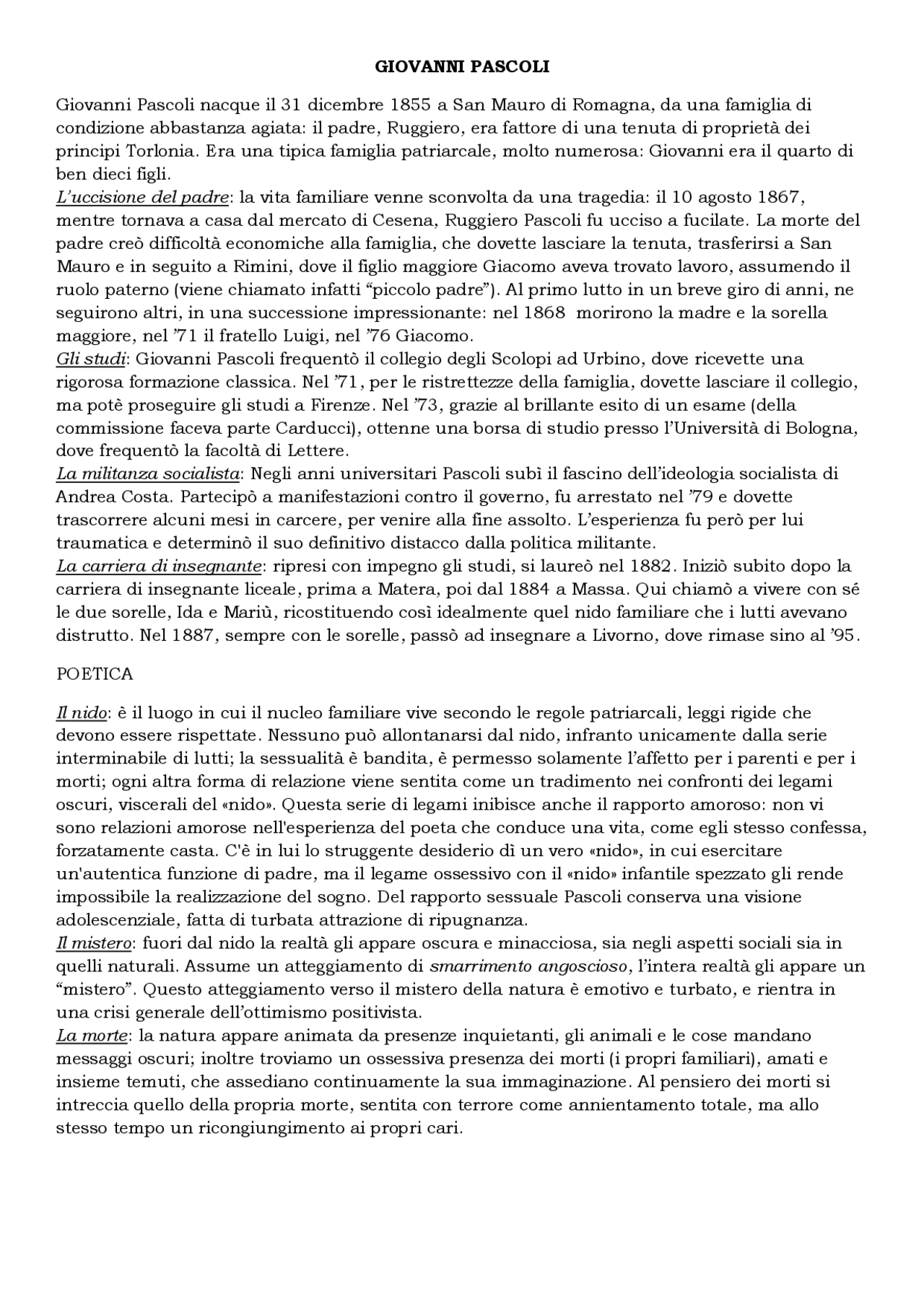 Riassunto Simbolismo E Giovanni Pascoli Docsity