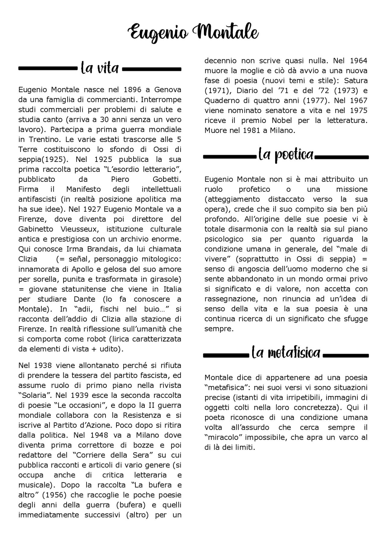 Eugenio Montale Riassunti Docsity