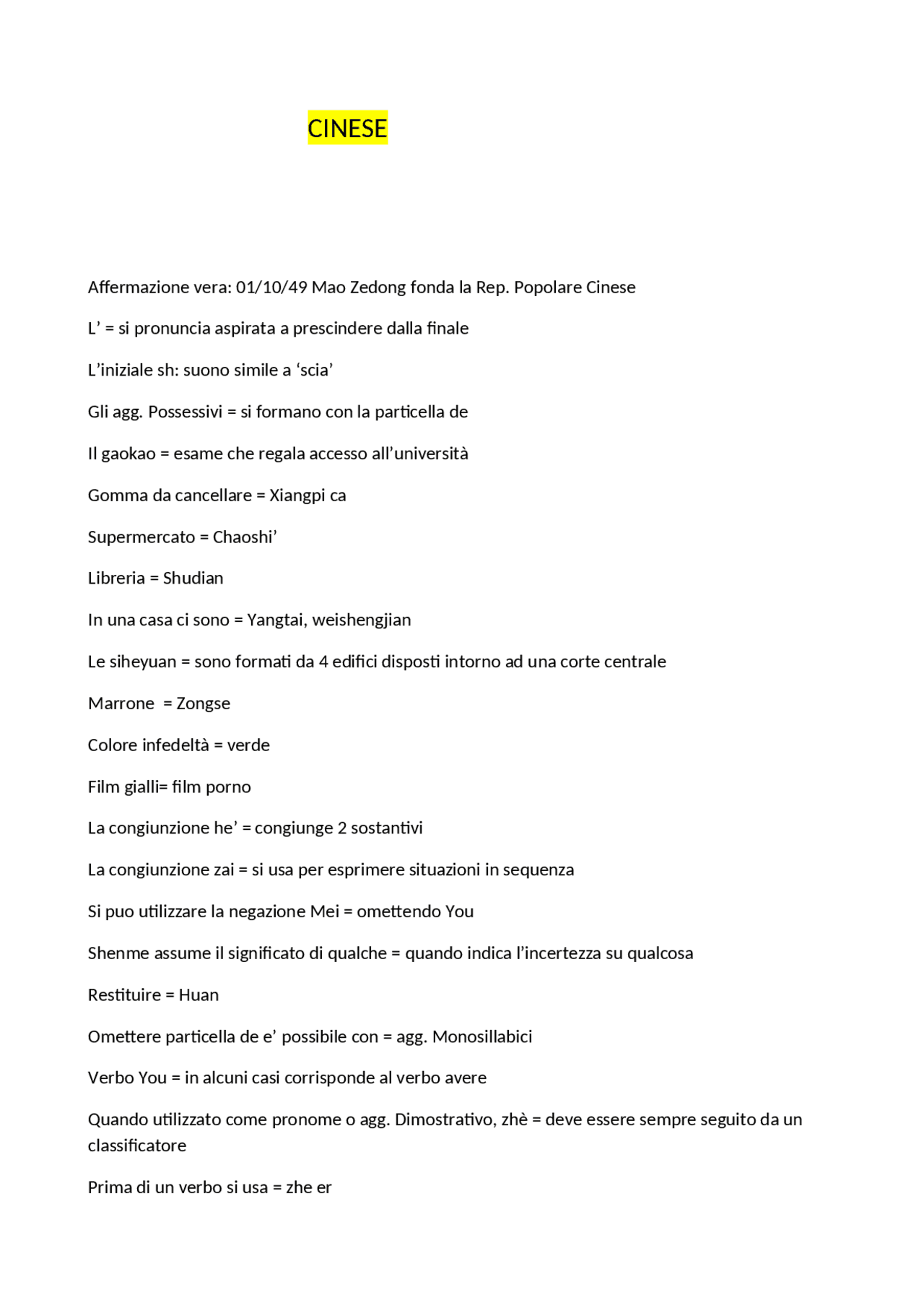 Esercizi Esami Di Lingua Cinese Unipegaso Docsity