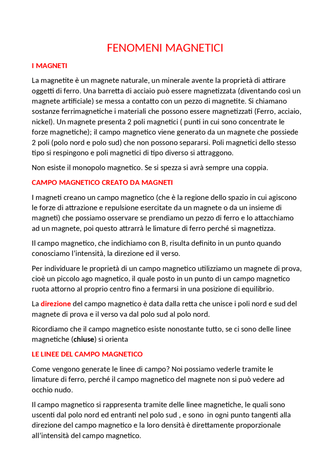 Il campo magnetico | Schemi e mappe concettuali di Fisica | Docsity