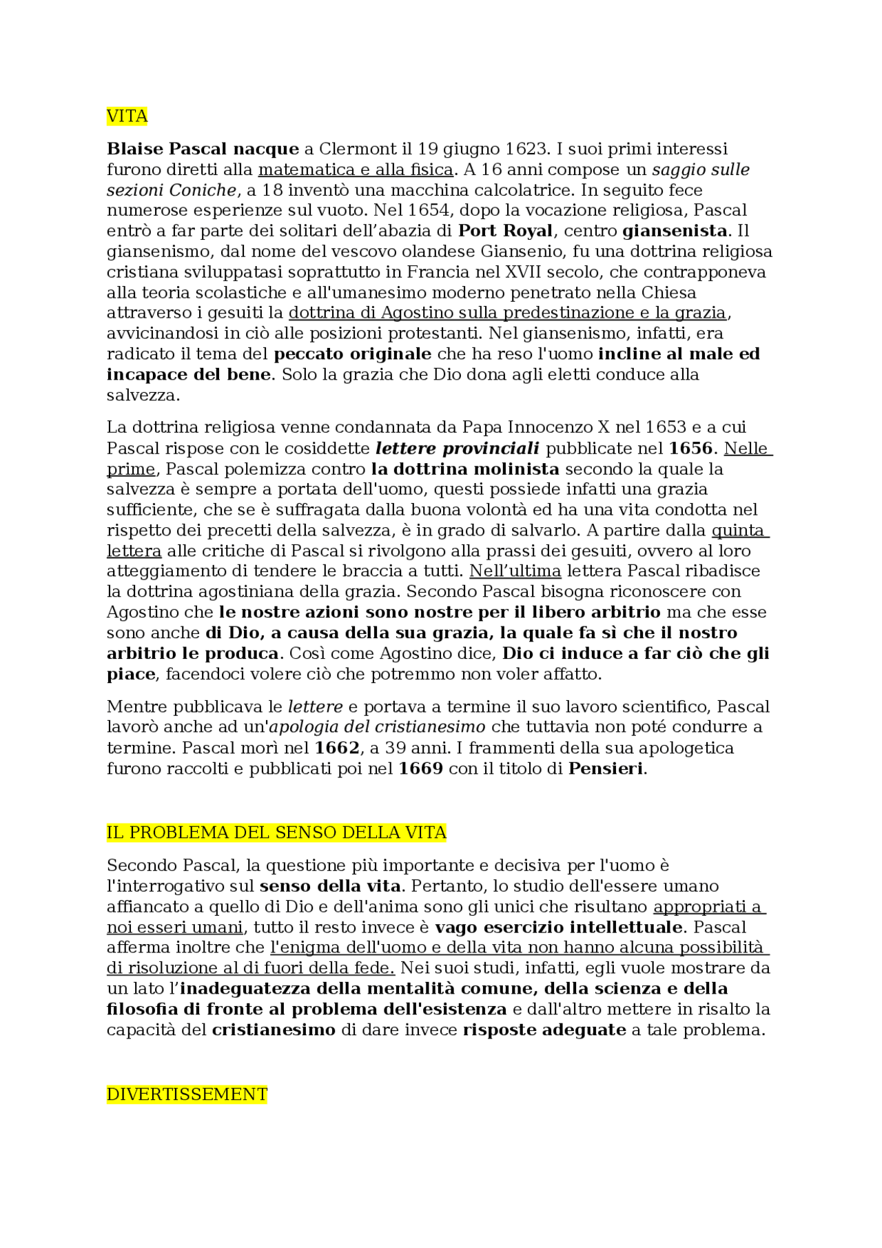 Sintesi Del Pensiero Filosofico Di Pascal Docsity