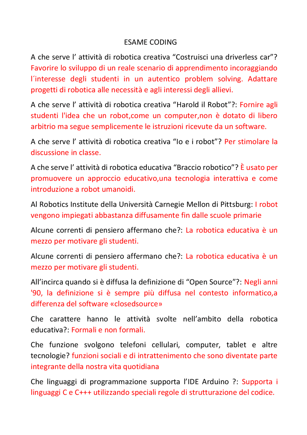 esame coding domande e risposte | Prove d'esame di Fondamenti di informatica | Docsity