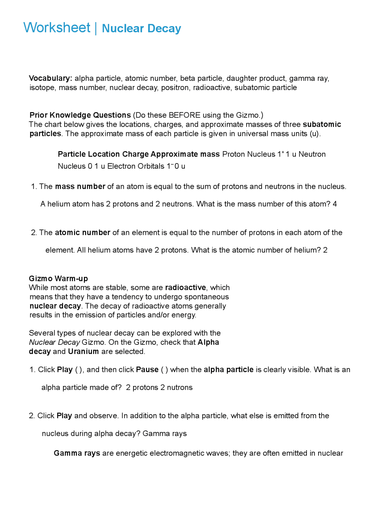 Nuclear Chemistry Worksheet Answer Key