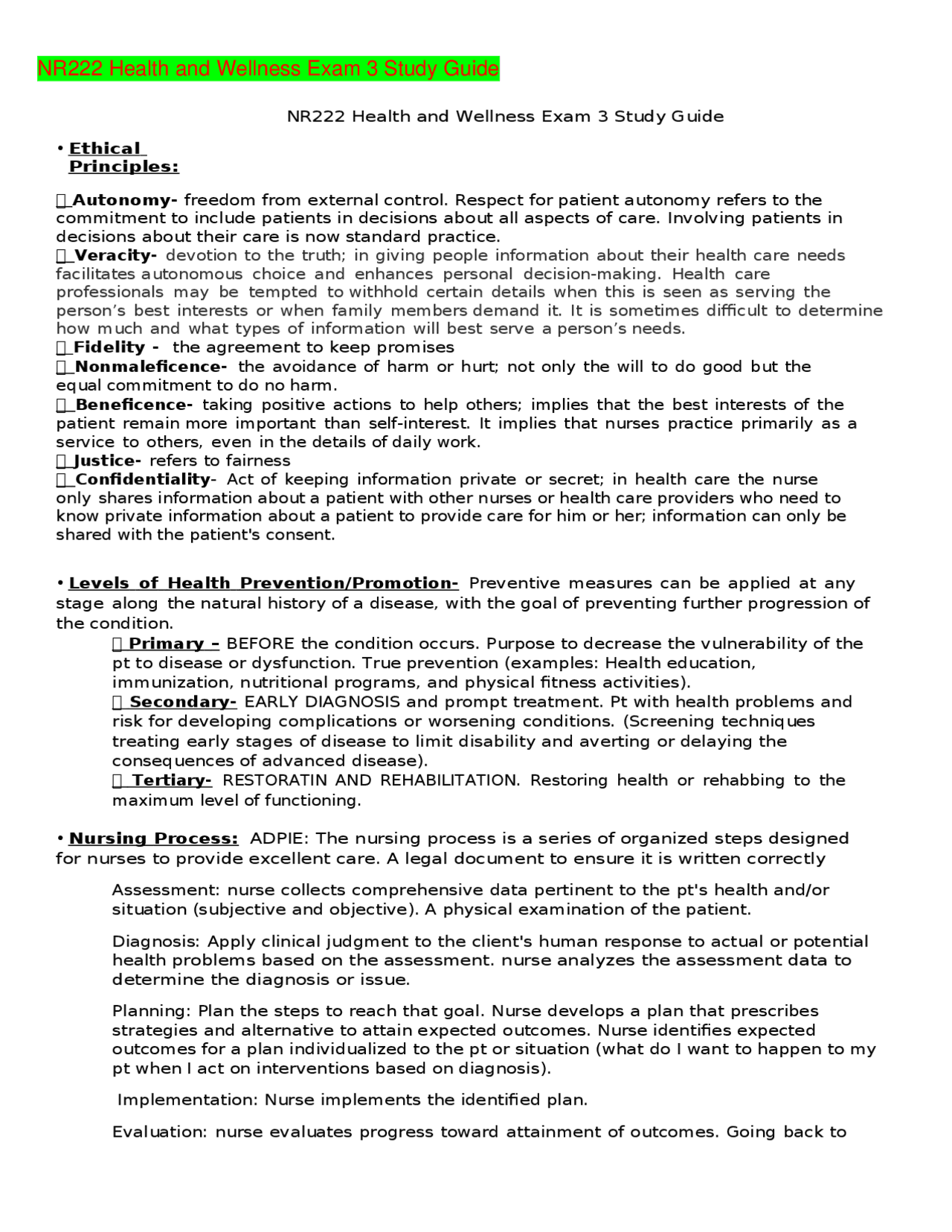 NR222 Health and Wellness Exam 3 Study Guide - Docsity