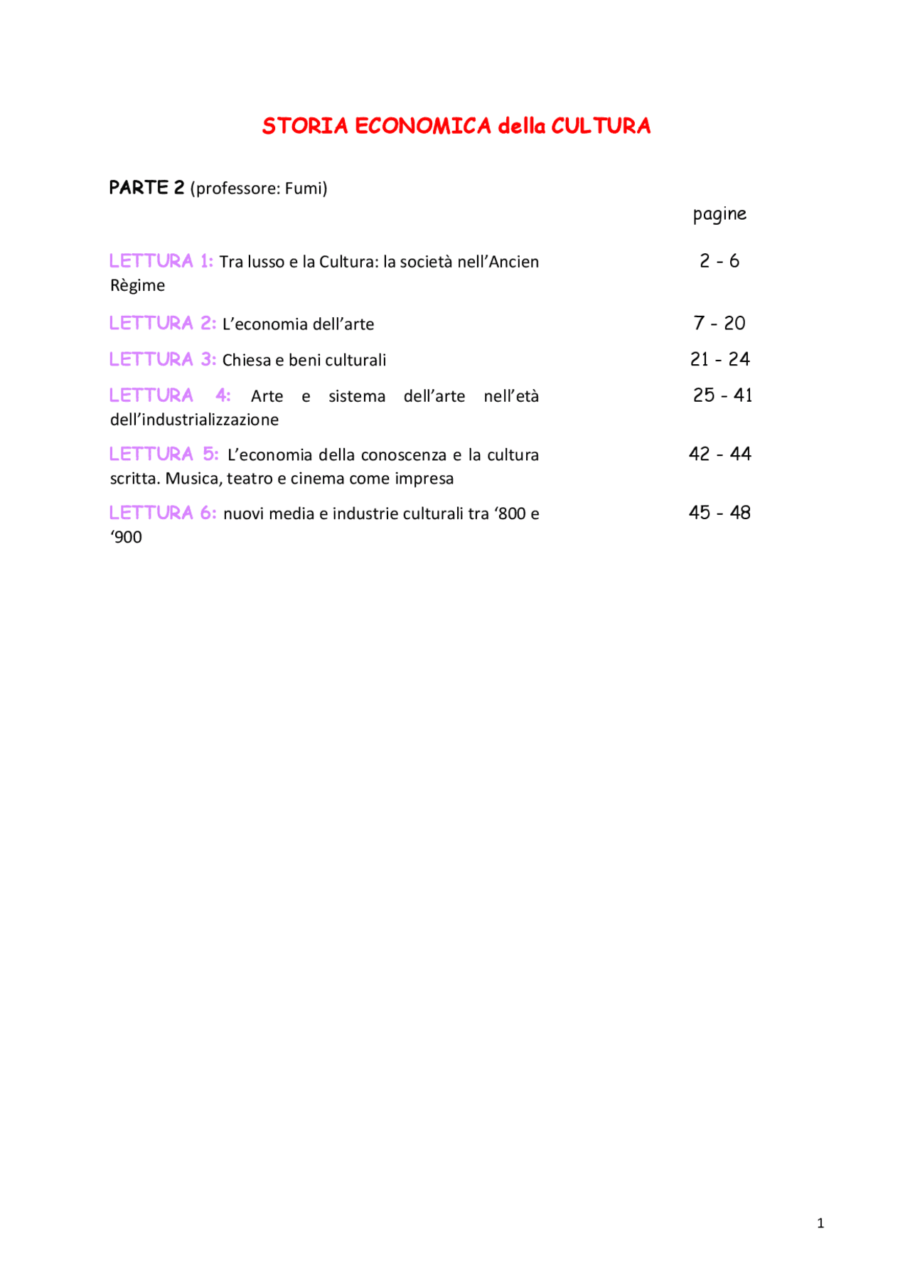 Riassunti Letture Per Esame Prof Fumi Docsity