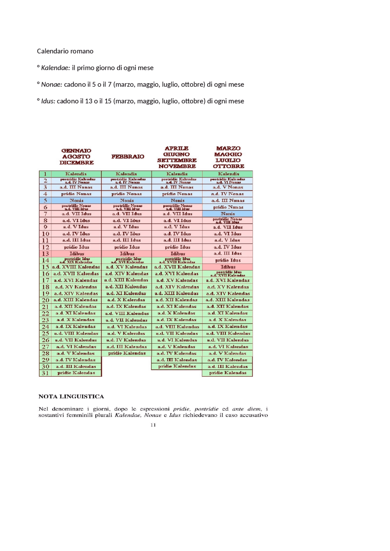 Tabella calendario latino - Docsity