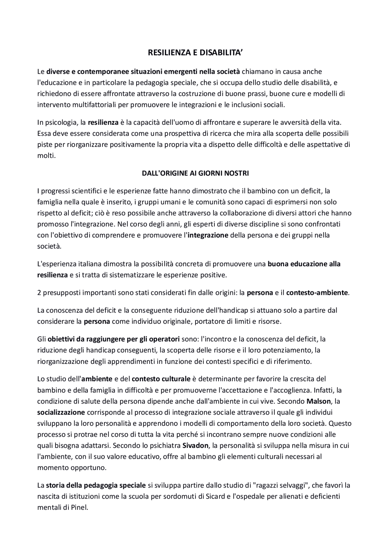 Resilienza E Disabilità Piccolo Docsity