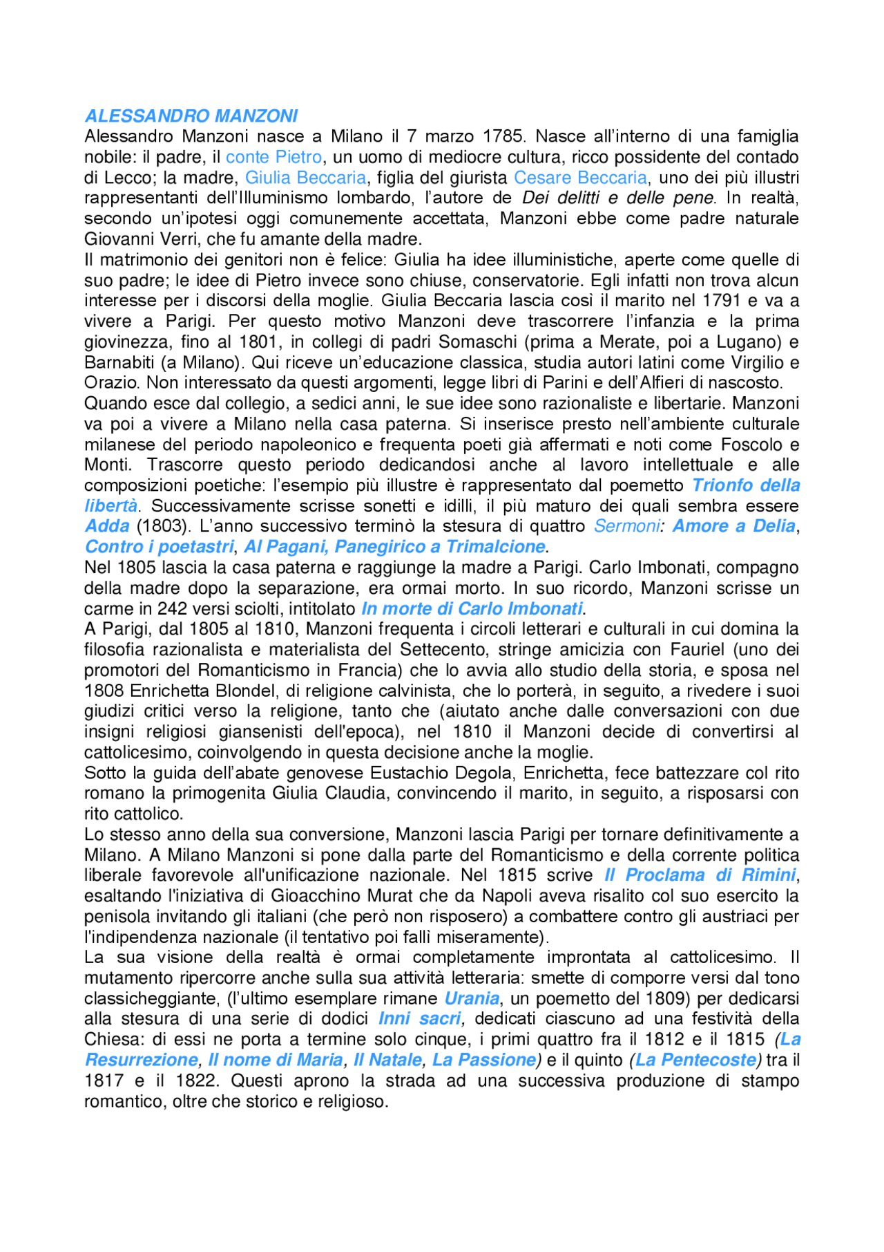 RIASSUNTO ALESSANDRO MANZONI - Docsity