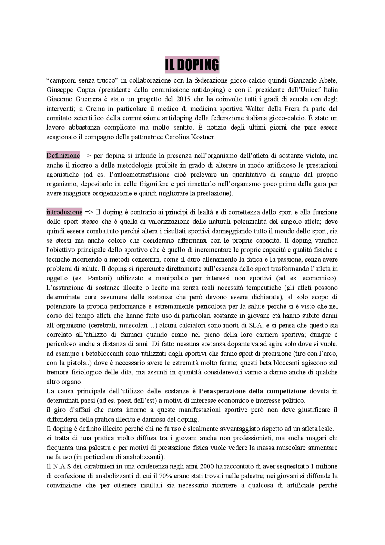 Il Doping-rischi e conseguenze - Docsity