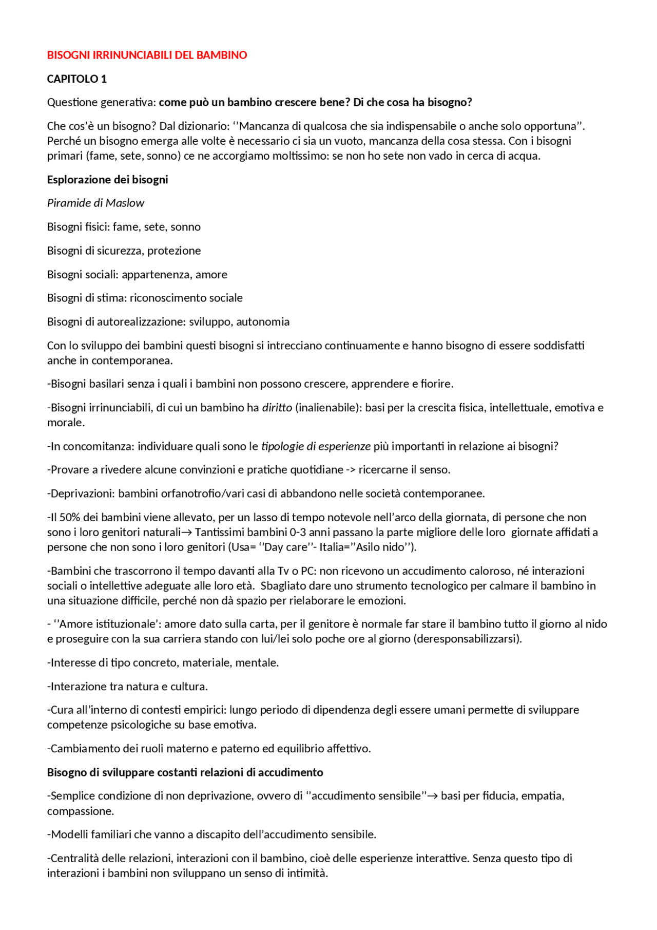 I Bisogni Irrinunciabili Dei Bambini Docsity