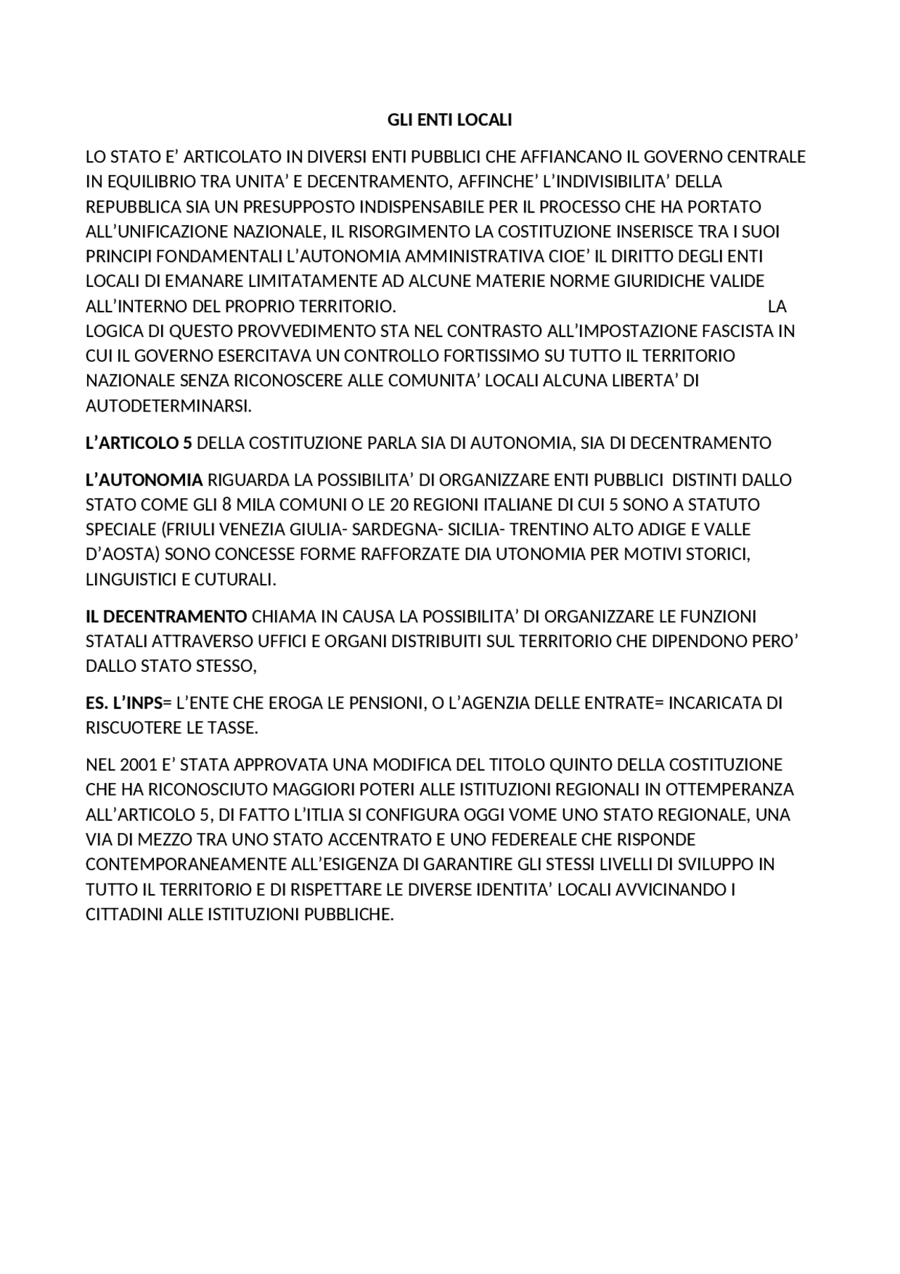 Gli Enti Locali Riassunto Diritto Docsity