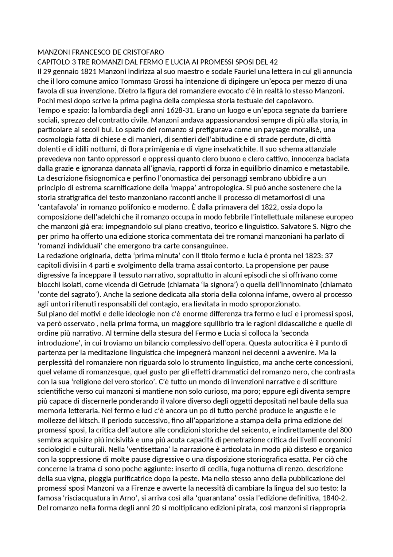 RIASSUNTO PROFILI LETTERARI MANZONI - Docsity