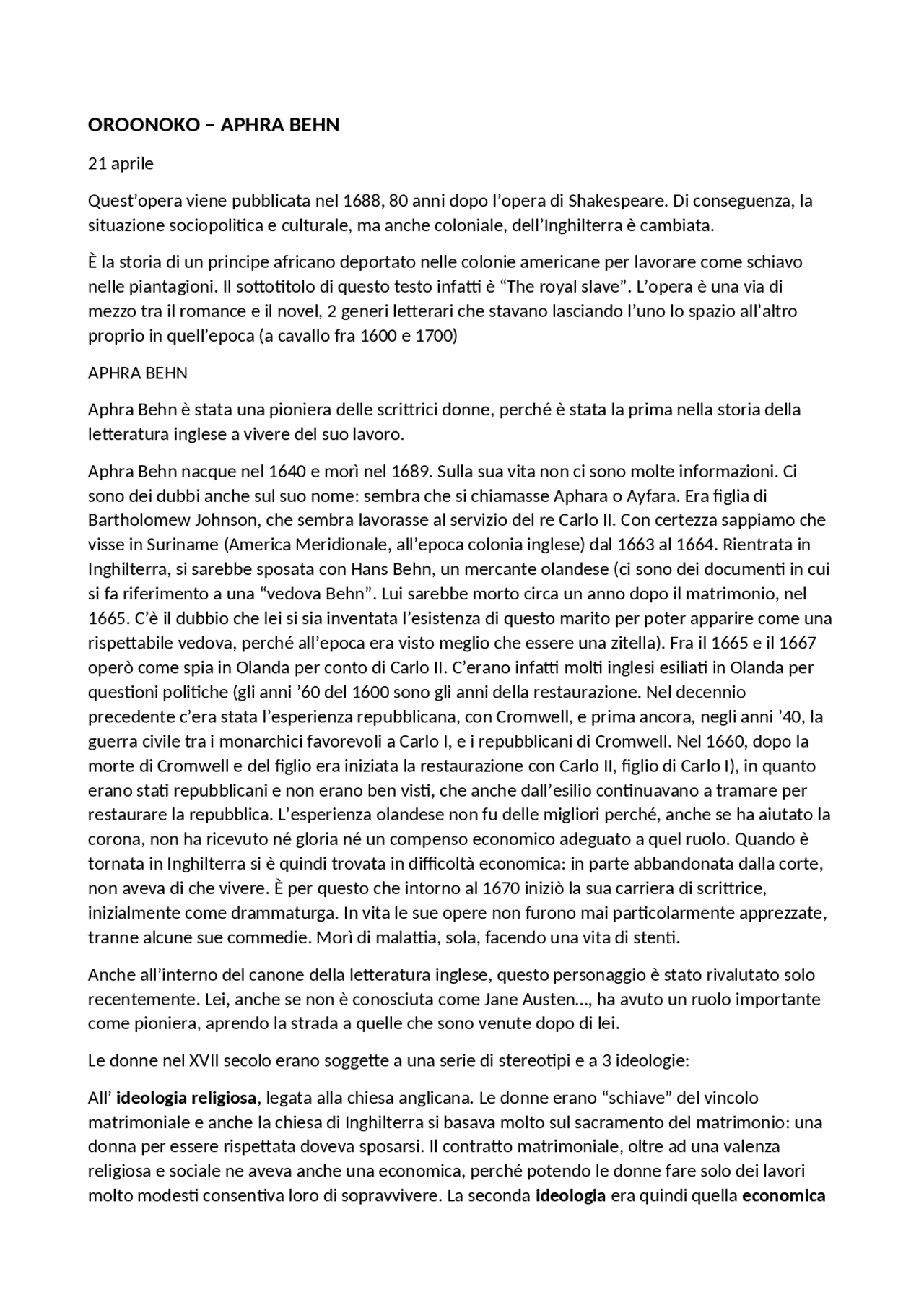 Appunti Opera Oroonoko Di A Behn Docsity