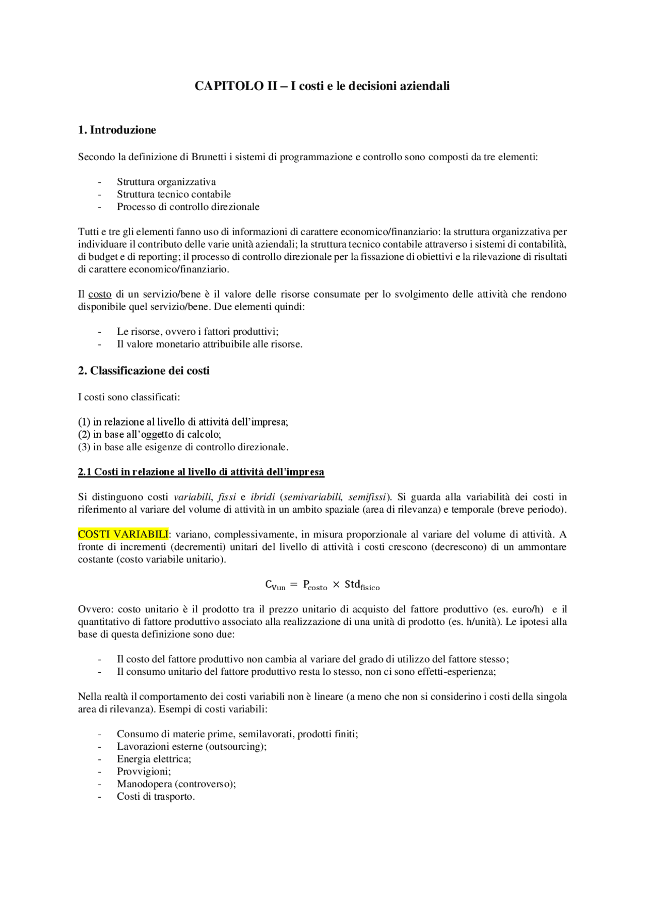Costi E Decisioni Riassunto Libro E Integrazione Docsity