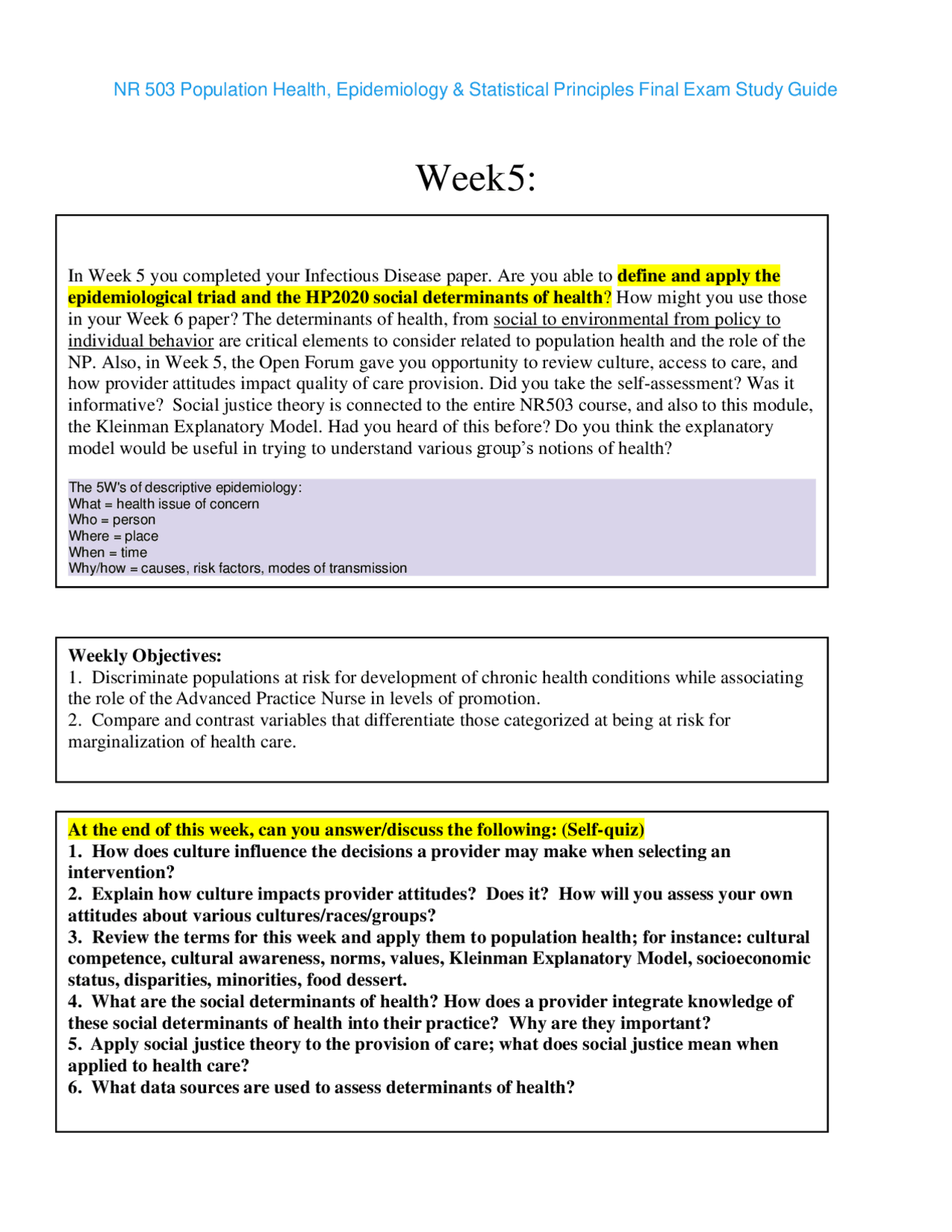 NR503 / NR 503: Population Health, Epidemiology & Statistical Principles Final Exam Study - Docsity