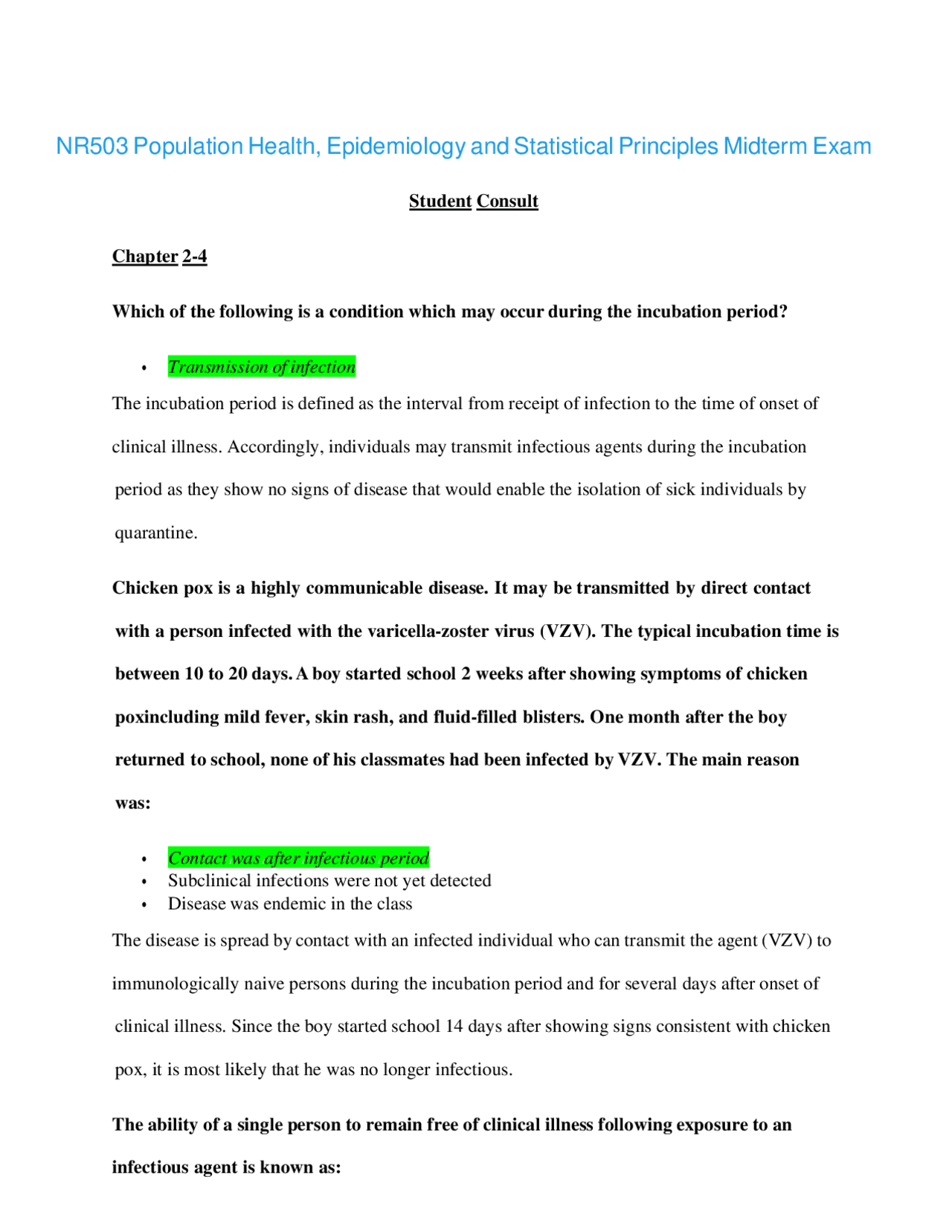 NR 503 / NR503 Population Health, Epidemiology and Statistical Principles Midterm Exam Stu ...