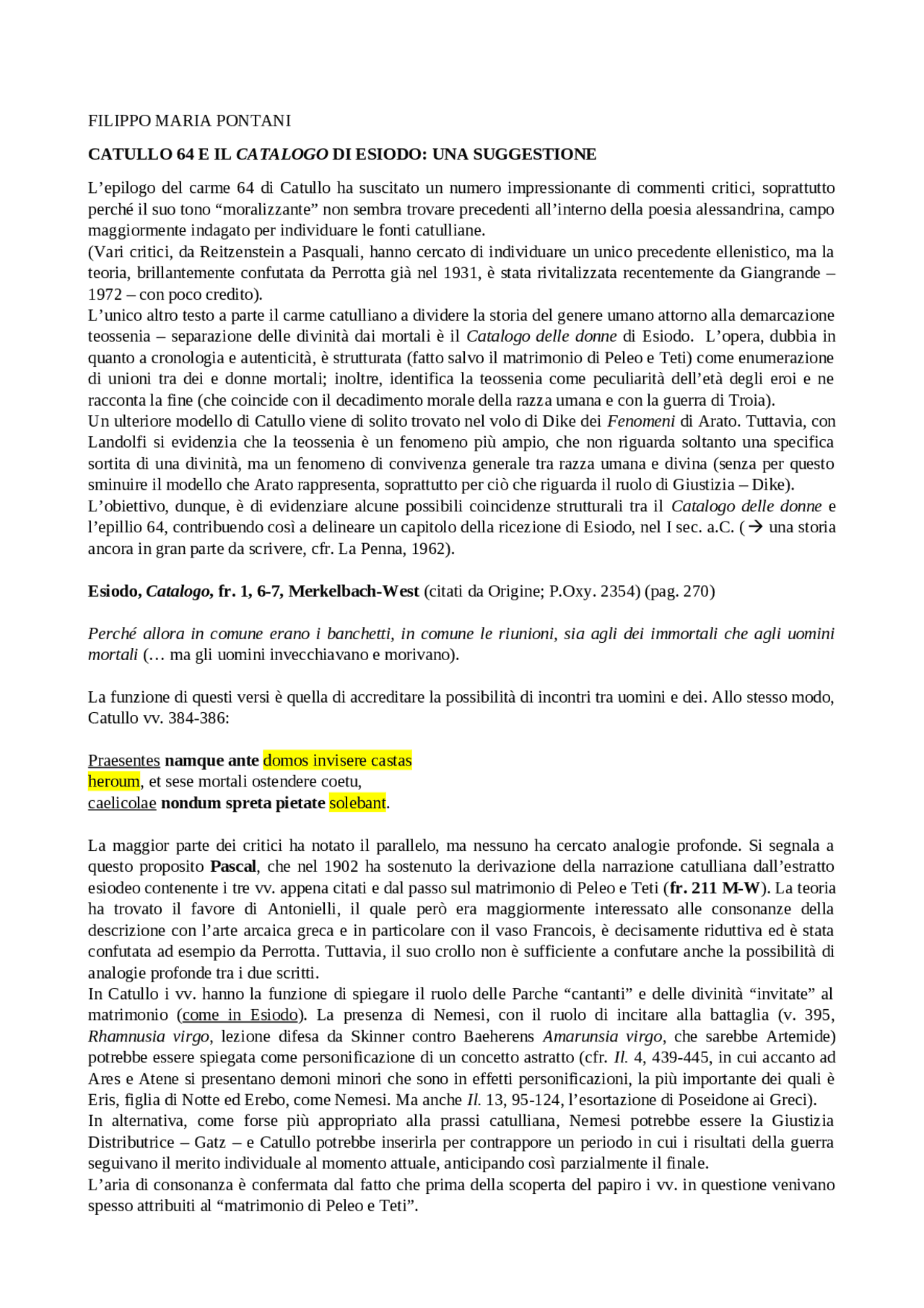 Filippo Maria Pontani - Riassunto e spiegazione del saggio "Catullus 64 ...