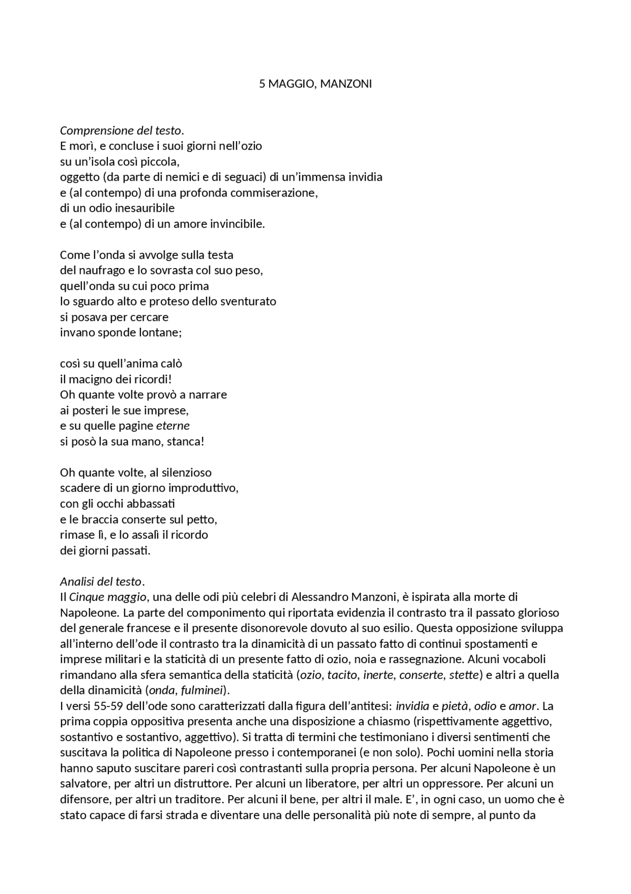 Analisi 5 maggio, Manzoni - Docsity