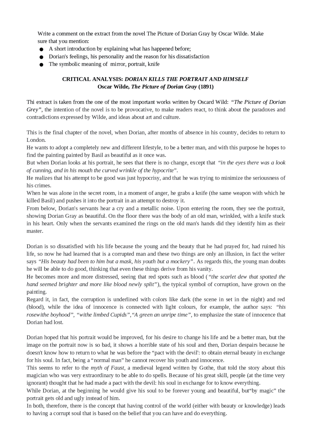 Critical Analysis Su Dorian Grey Docsity