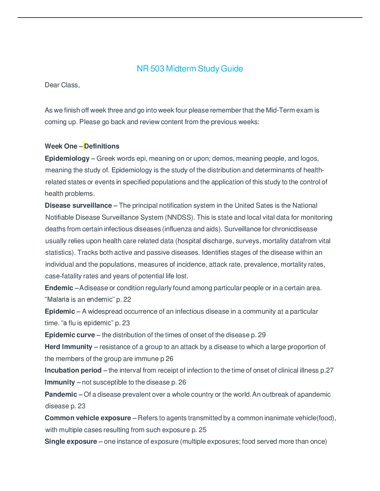 NR503 / NR 503: Population Health, Epidemiology & Statistical Principles Midterm Exam - Docsity
