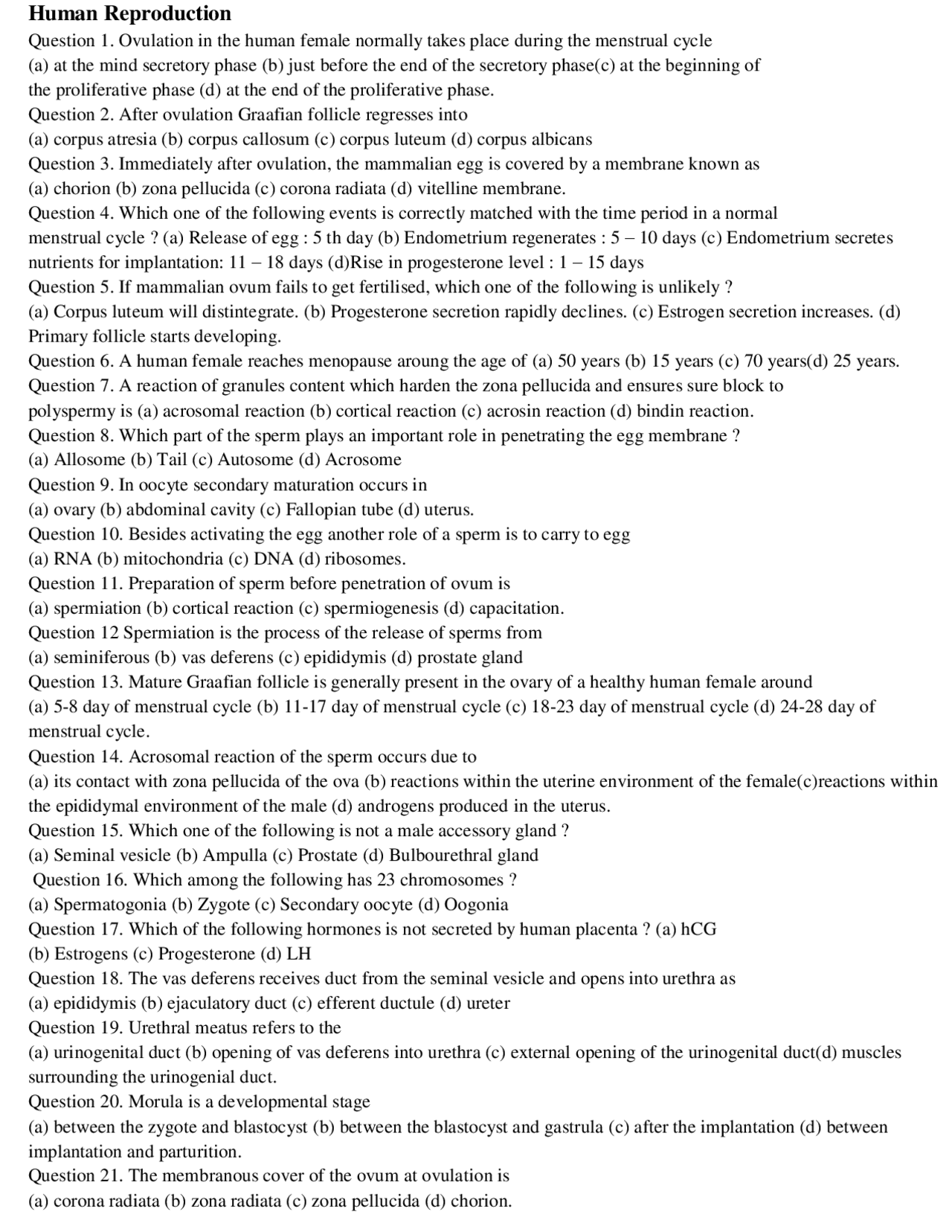 Human reproduction one mark questions - Docsity